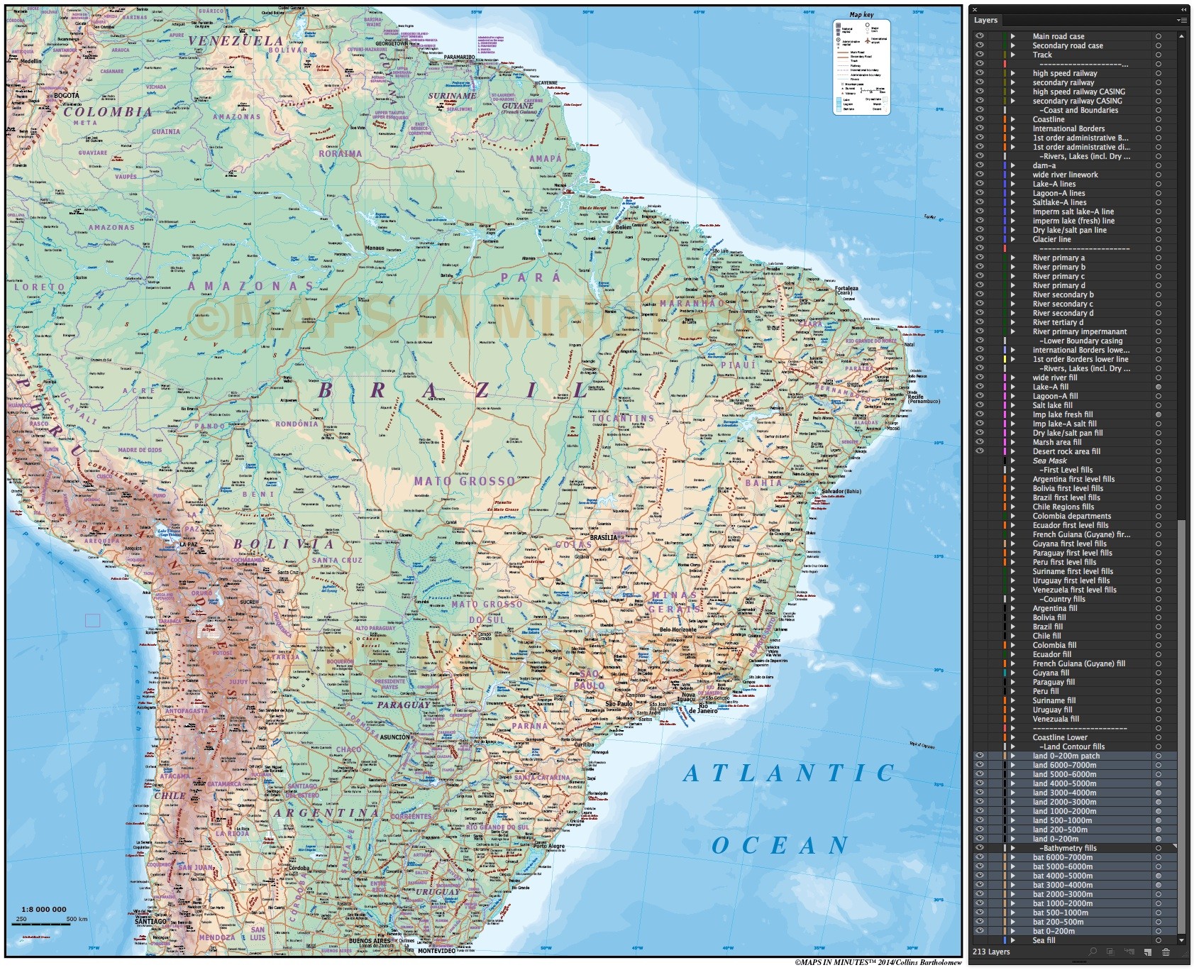 Digital vector Brazil Deluxe Political Road & Rail Map plus land and ...