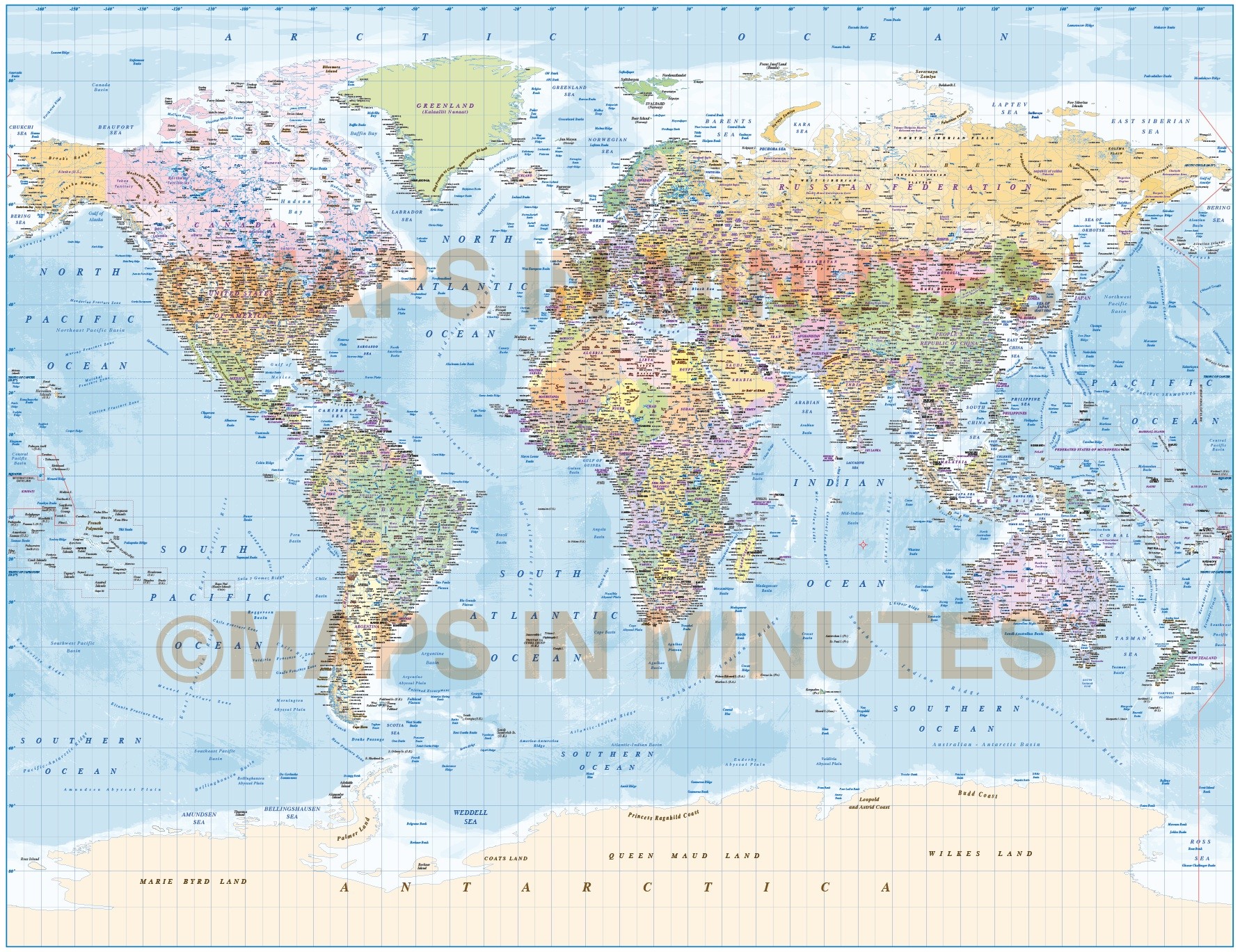Digital vector World map, Political Gall Projection Poster size (UK centric) @10M scale in ...