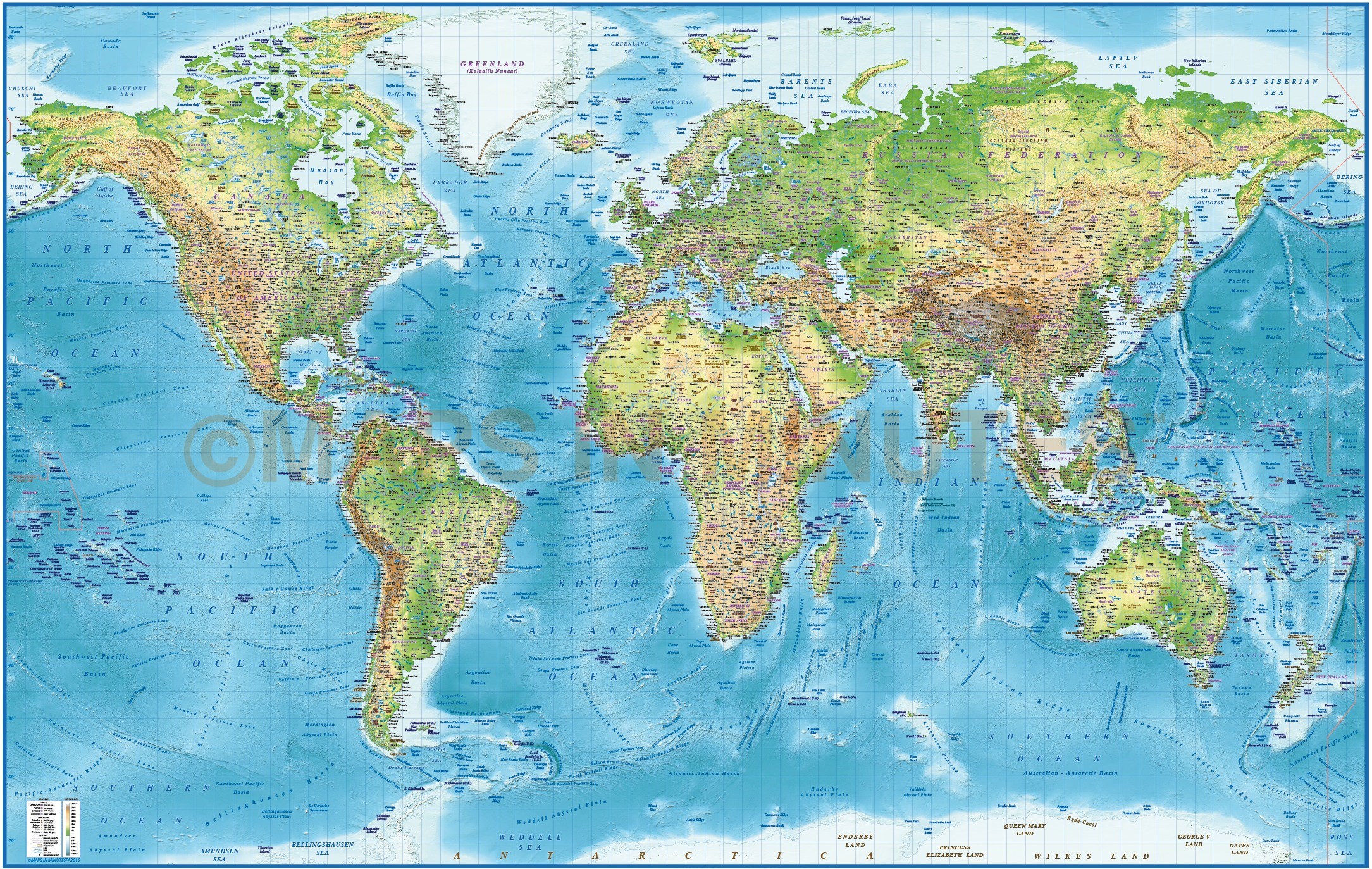 Regular style Contemporary Vinyl Relief World Wall Map 60" wide x 38" deep