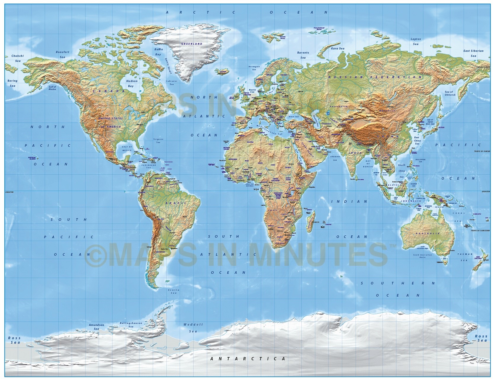 Digital vector World relief map in the Gall projection, regular colour ...