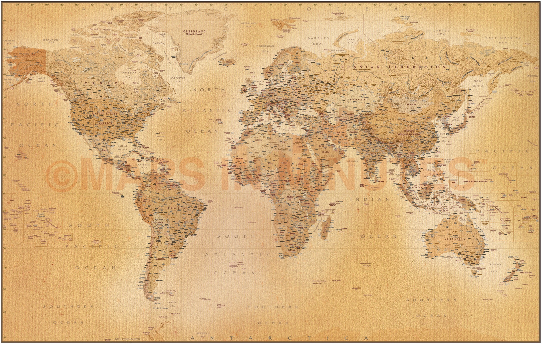 Tan Antique style Political Relief World Wall Map Vinyl 60" x 38"