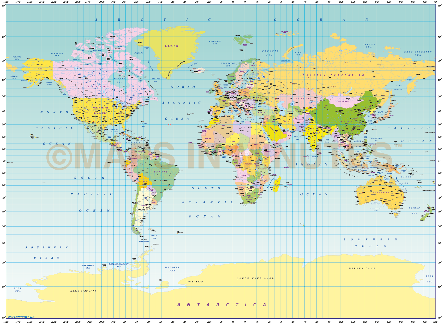medium scale digital vector Miller Stereographic world map in ...