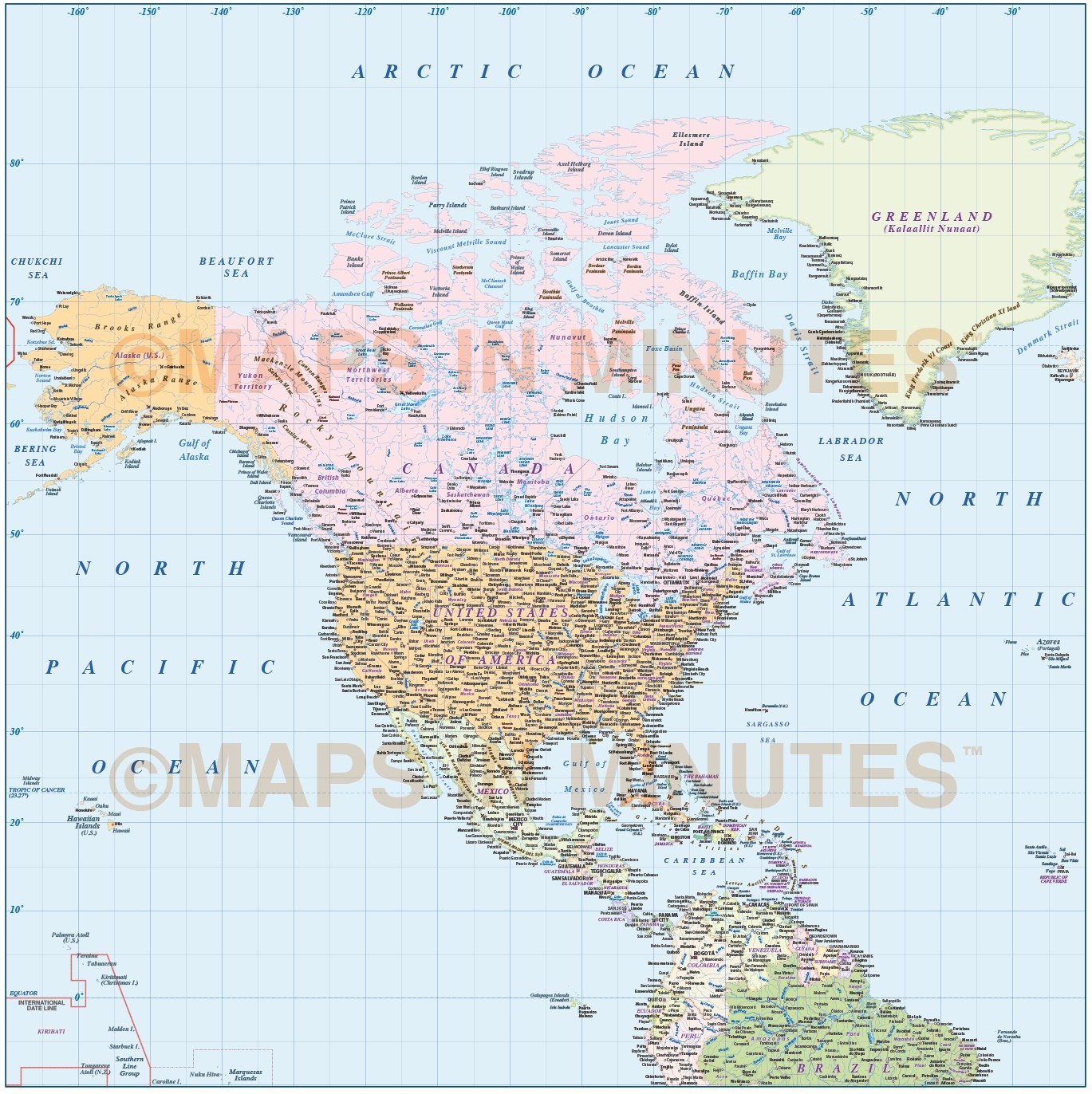 North America Countries map with ocean floor contours @10 scale