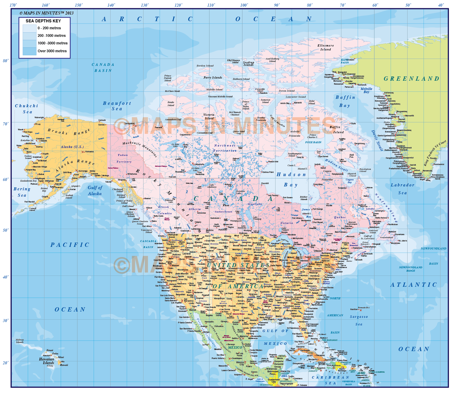 North America Country map with ocean floor contours @10,000,000 scale