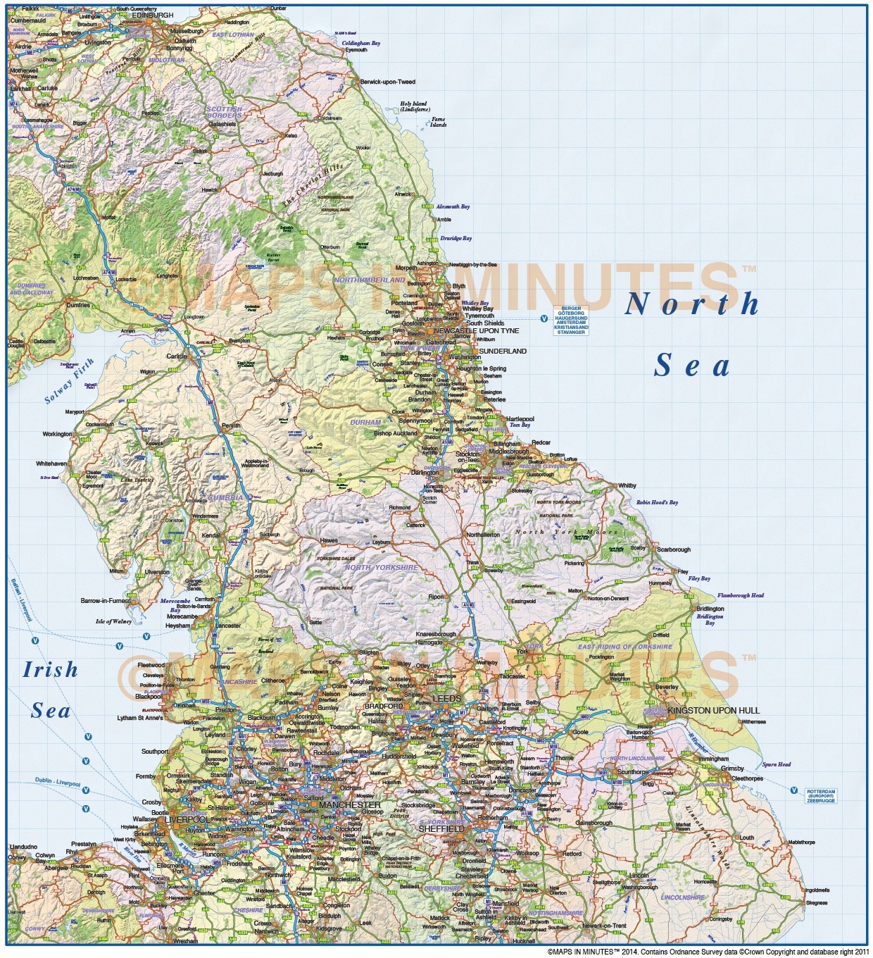 Digital vector North England County Road and Rail Map @1m scale with ...