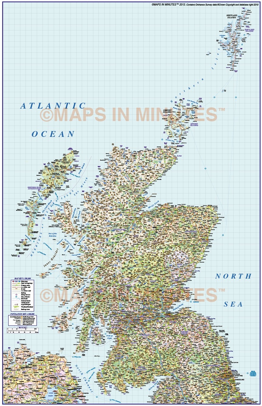 Detailed Scotland Road & Rail Map incl. Orkney & Shetland, Illustrator ...