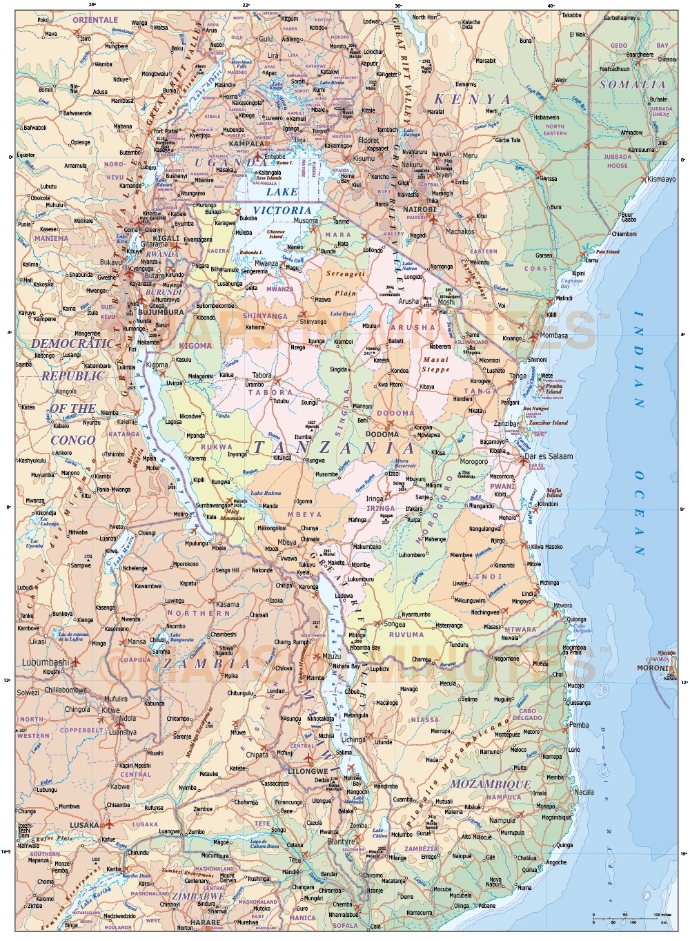 Tanzania digital vector political, road & rail map with land and ocean ...