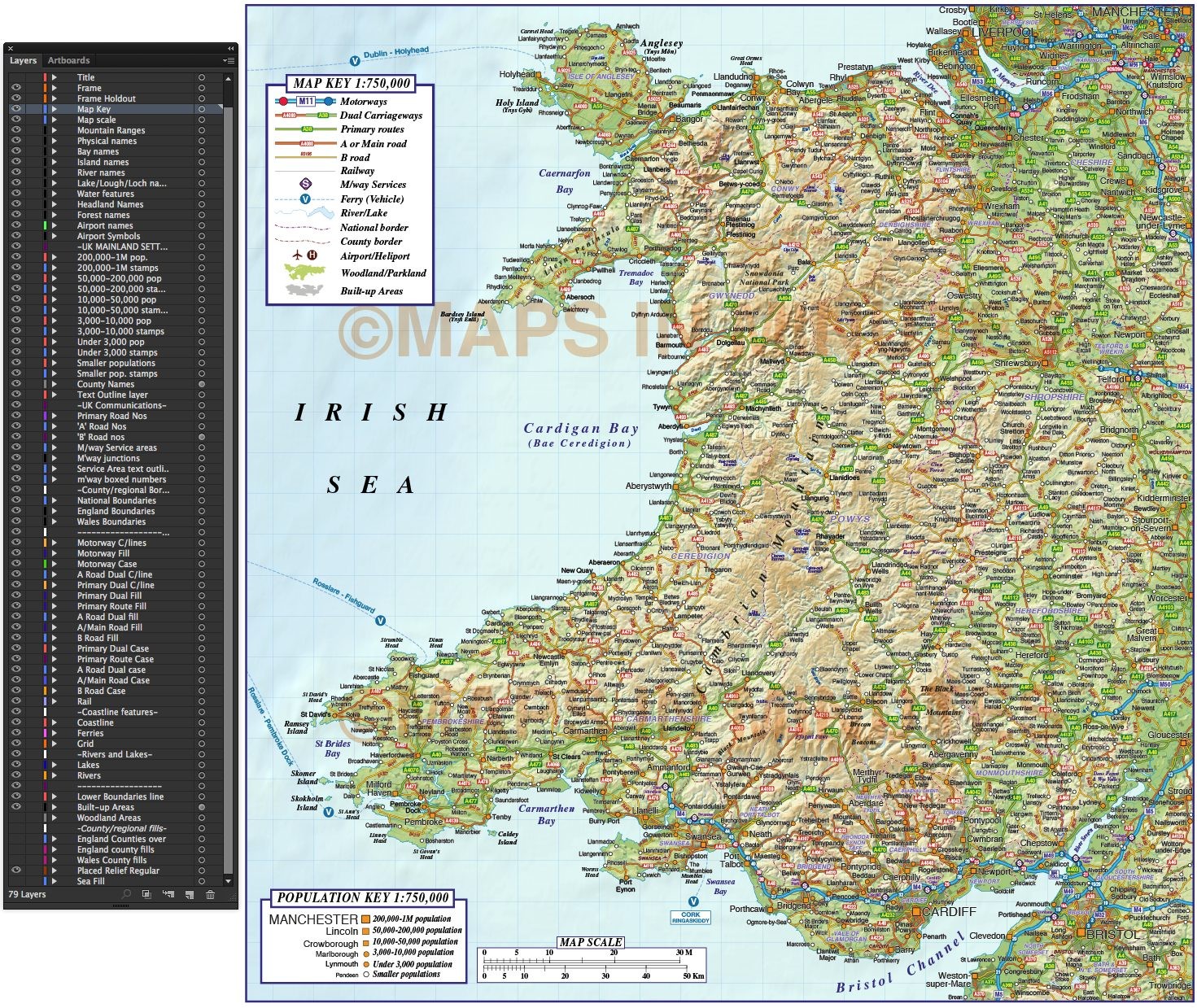 Detailed Wales Road Rail Map in Illustrator AI CS vector format with Regular colour relief, 750k ...