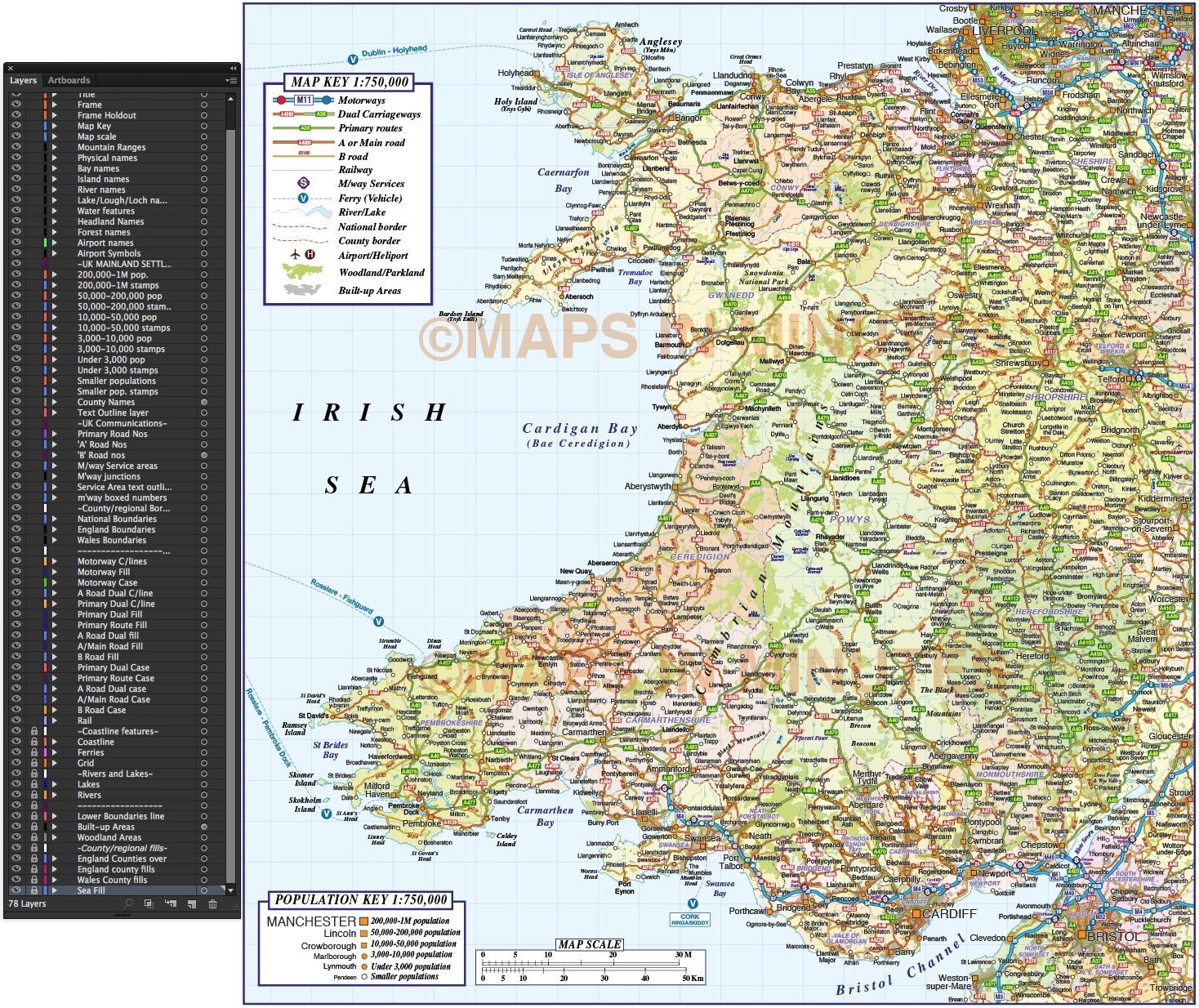 Detailed Wales Road, Rail & County Map in Illustrator AI CS digital ...