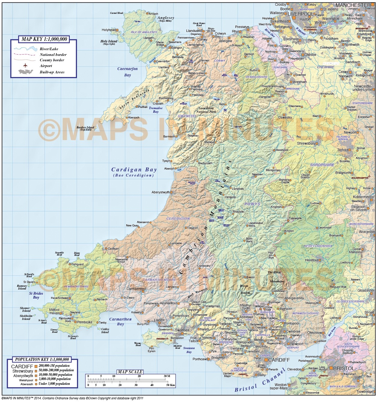 Wales County map with Hill shading @1,000,000 scale - Wales maps ...