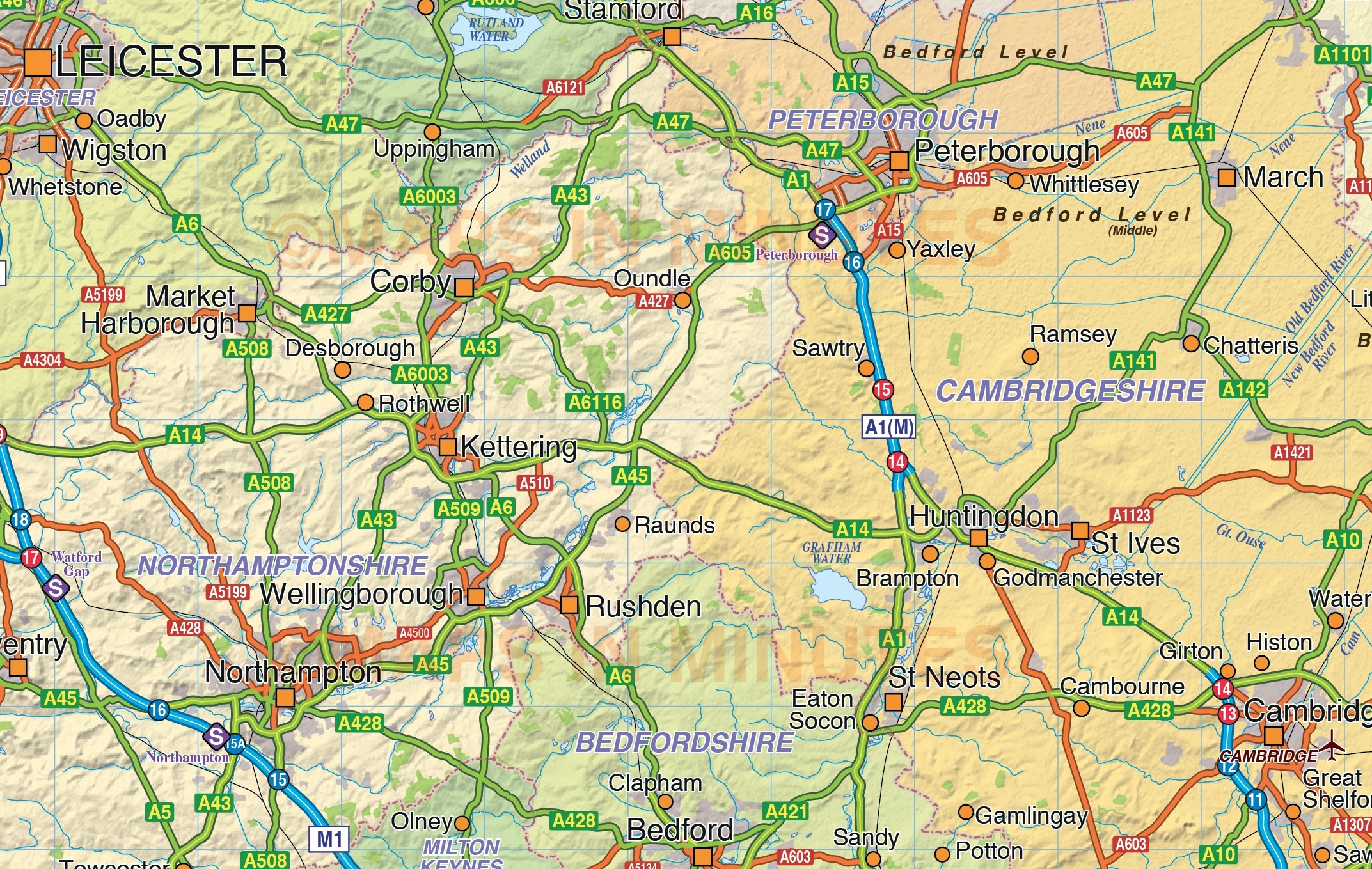 Digital vector East England County Road and Rail Map @1m scale with ...