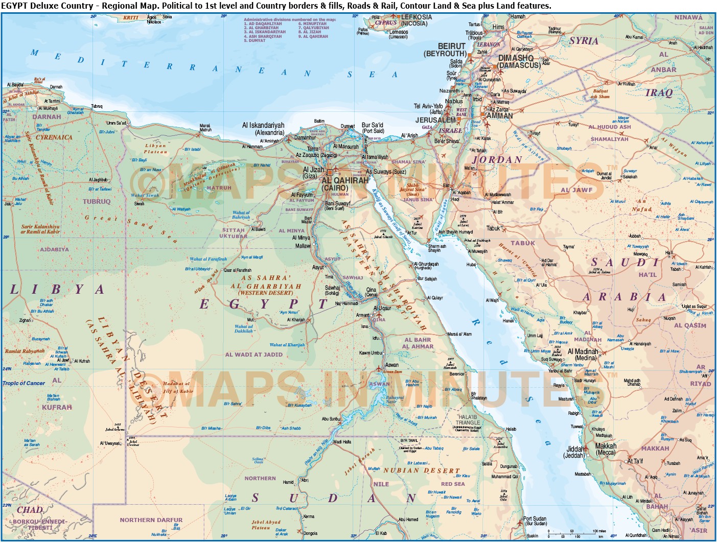 Egypt digital vector political, road & rail map in Illustrator and pdf ...