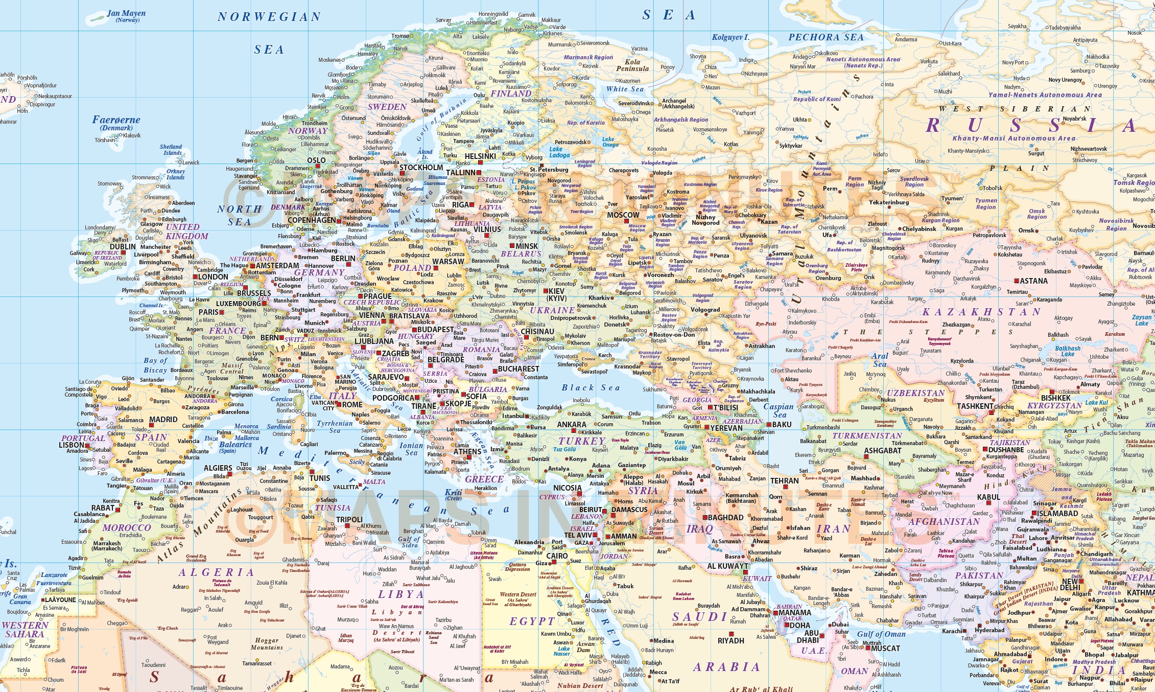 Digital Vector World Map Equirectangular Projection World Vector Map Uk Centric 10m Scale In