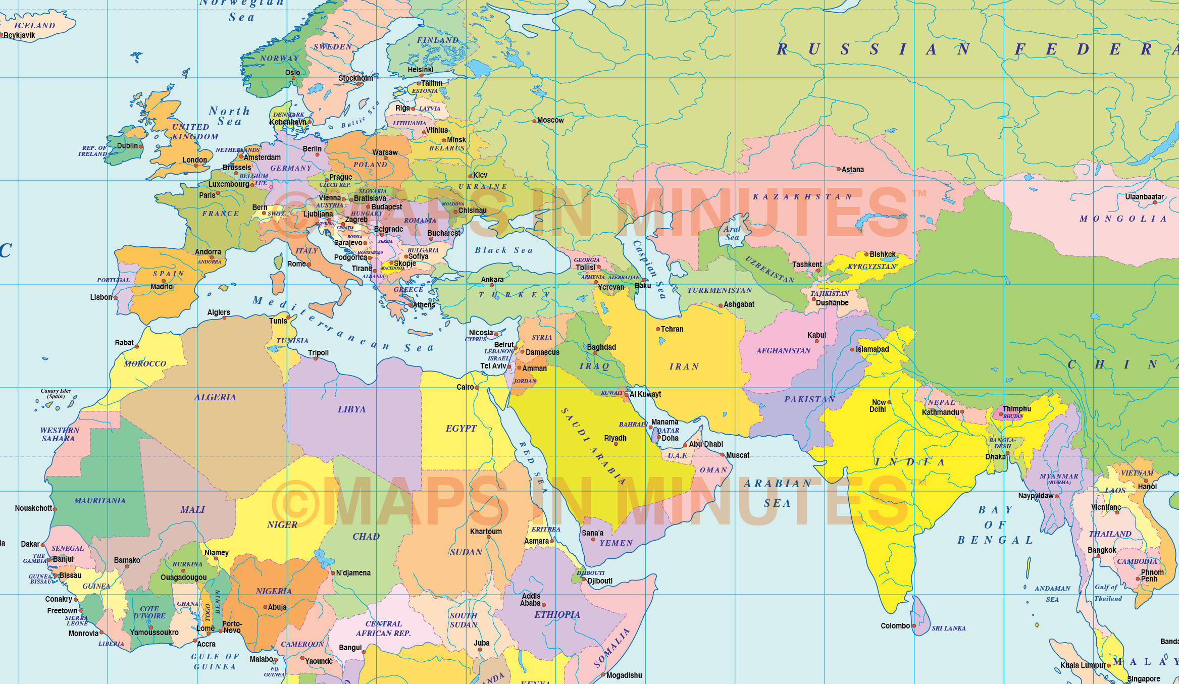 Vector World Political Map in the Equirectangular projection UK centric ...