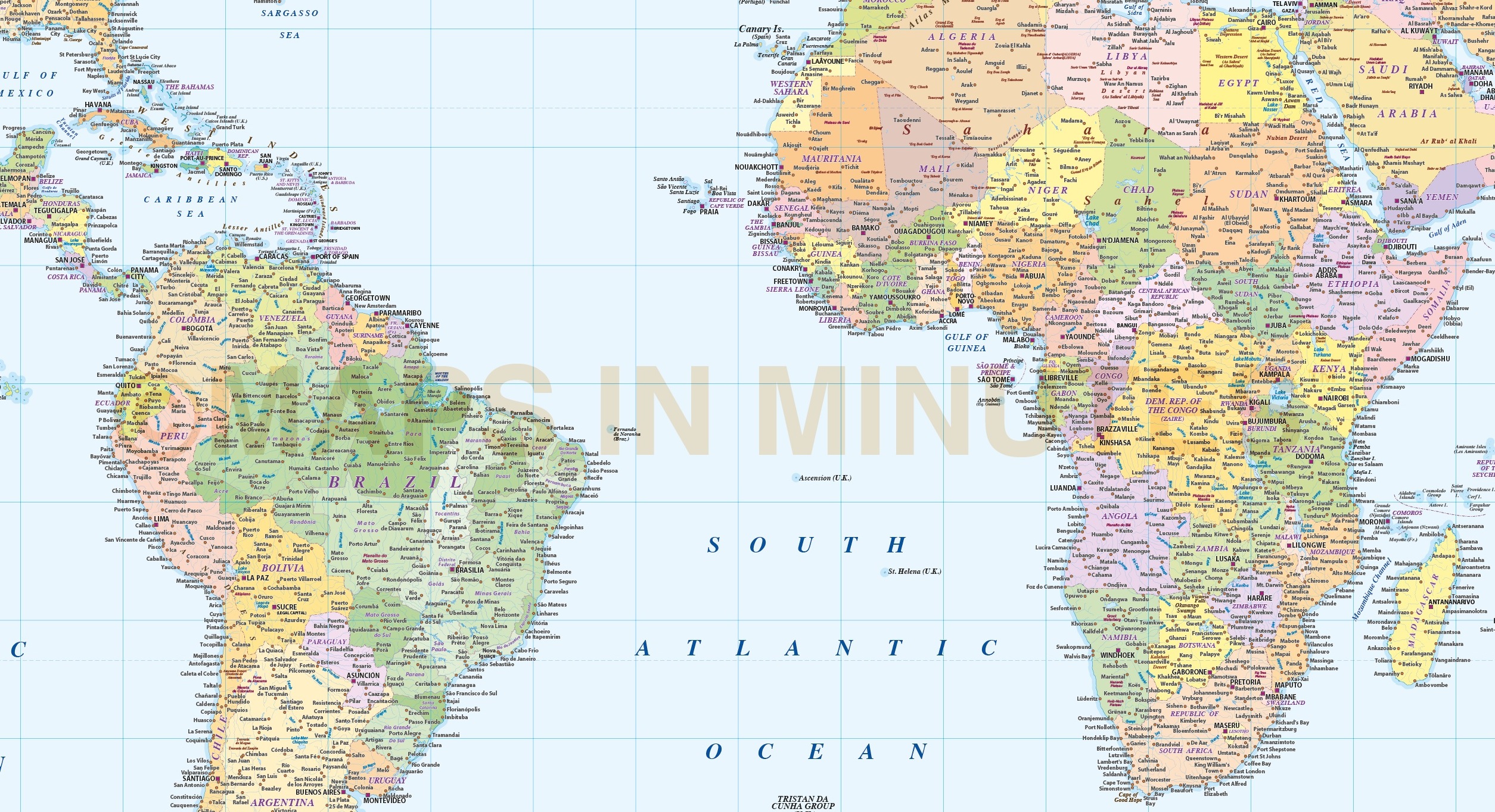 Digital Vector World Map Equirectangular Projection World Vector Map Uk Centric 10m Scale In