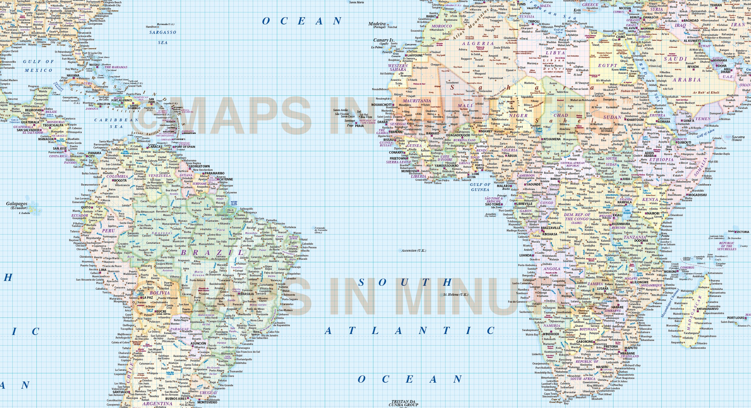 Digital vector World map, Equirectangular Projection World vector map ...