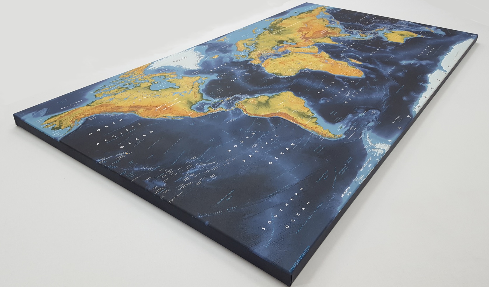 Dark navy style Framed Canvas Physical Relief World Map. Large size 72 ...