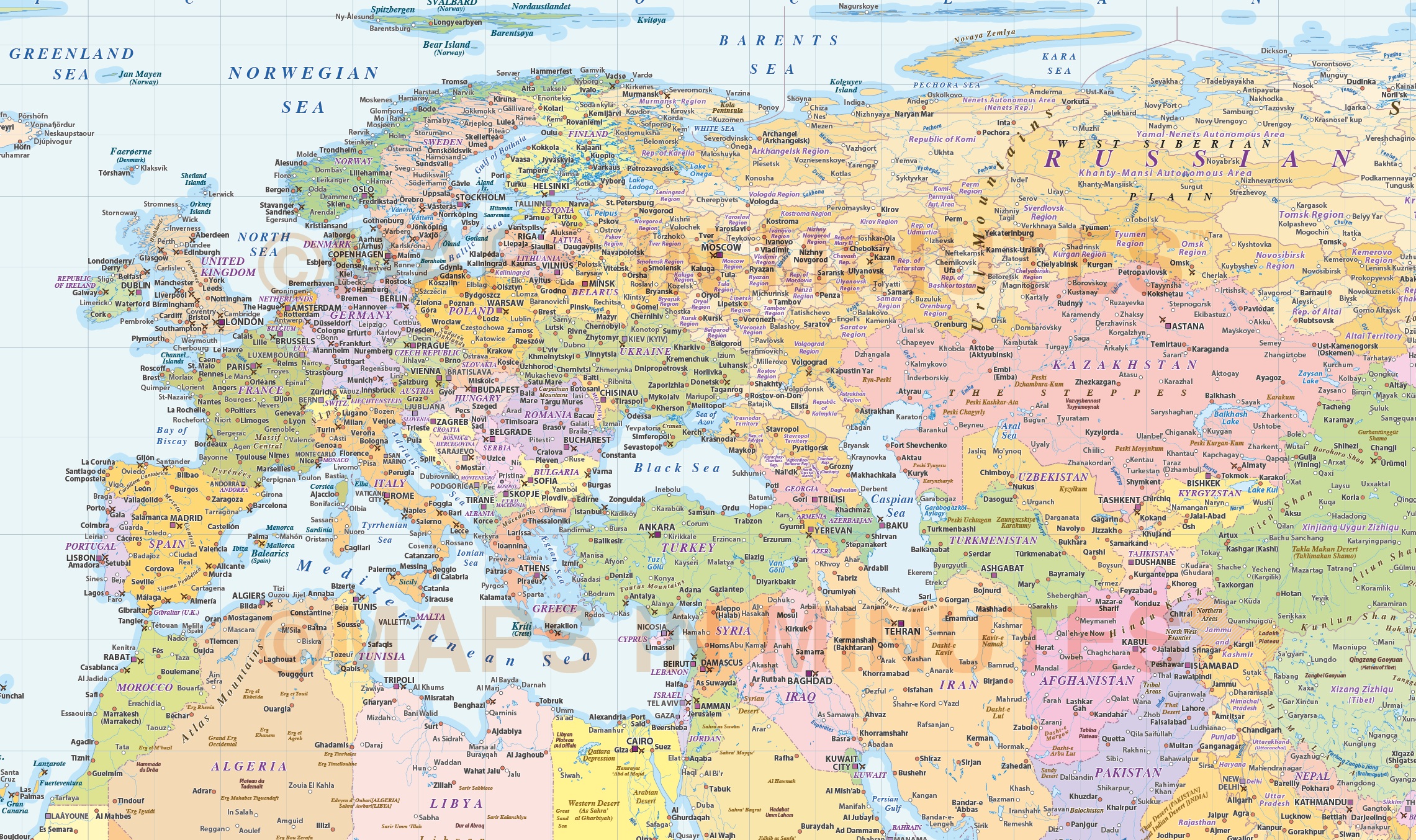 Digital vector World map, Gall Orthographic Projection Political World ...