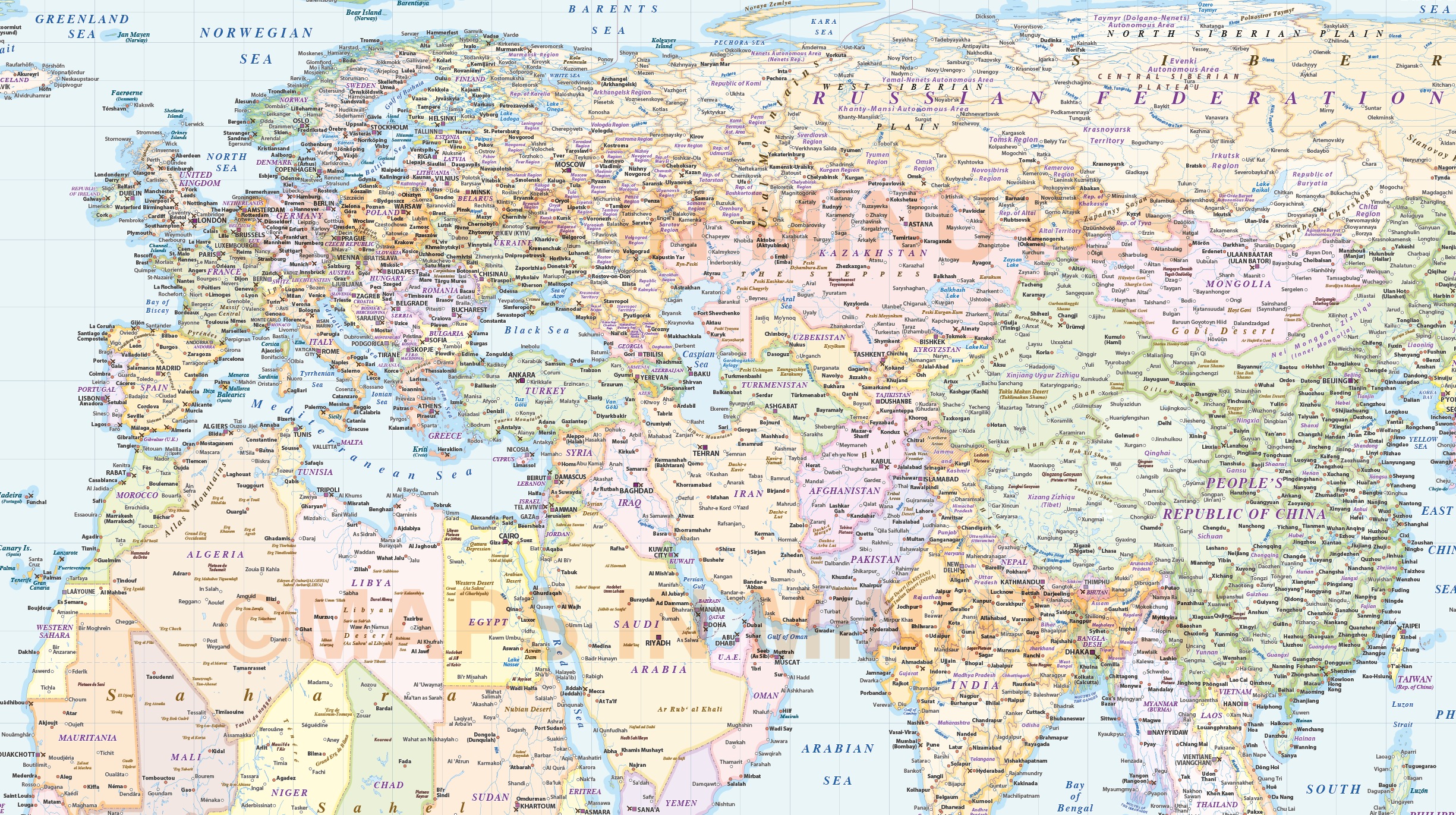 Digital vector World map with country insets, Political Gall Orthographic Projection Poster size ...