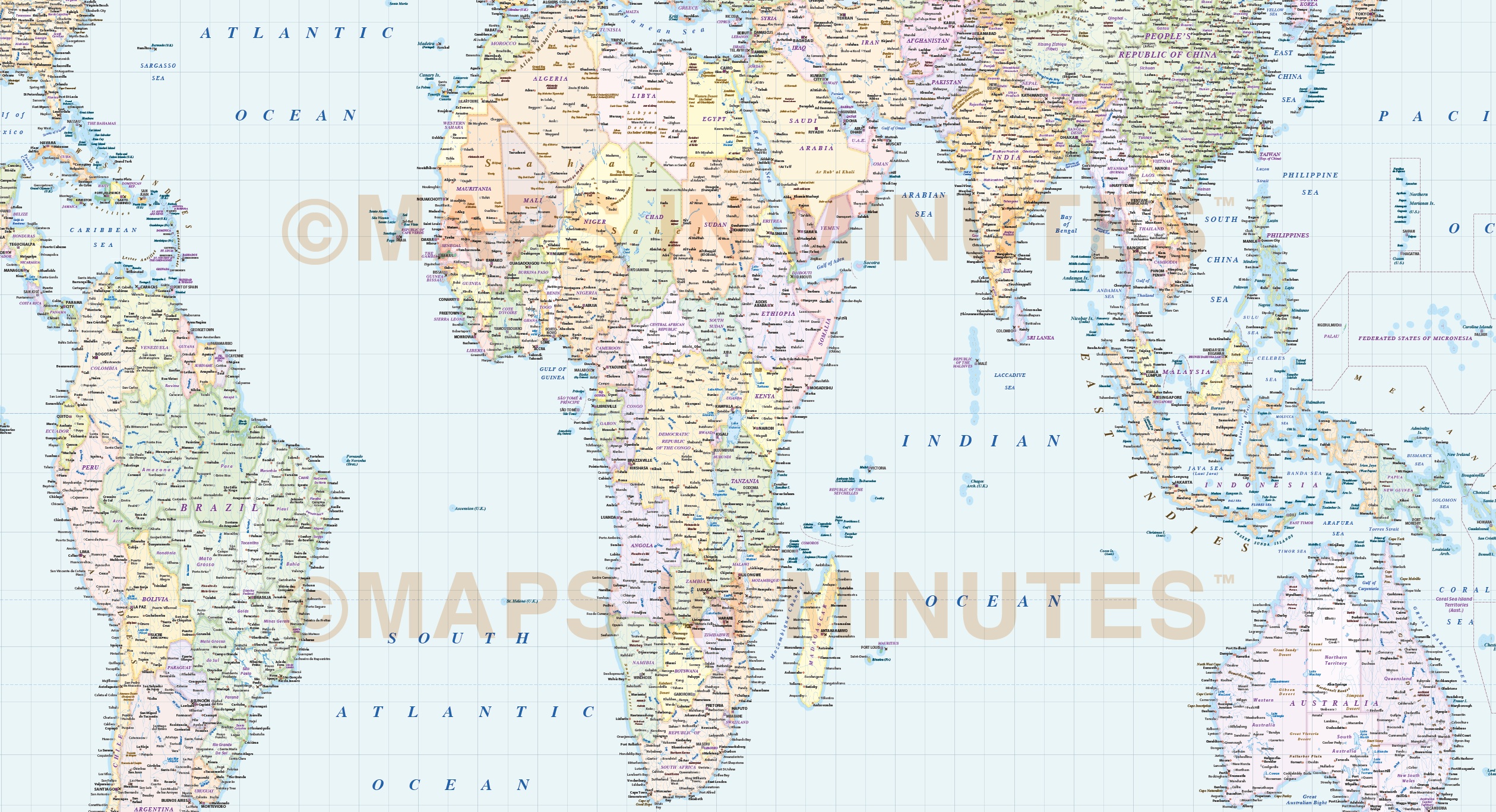 Digital vector World map with country insets, Political Gall Orthographic Projection Poster size ...