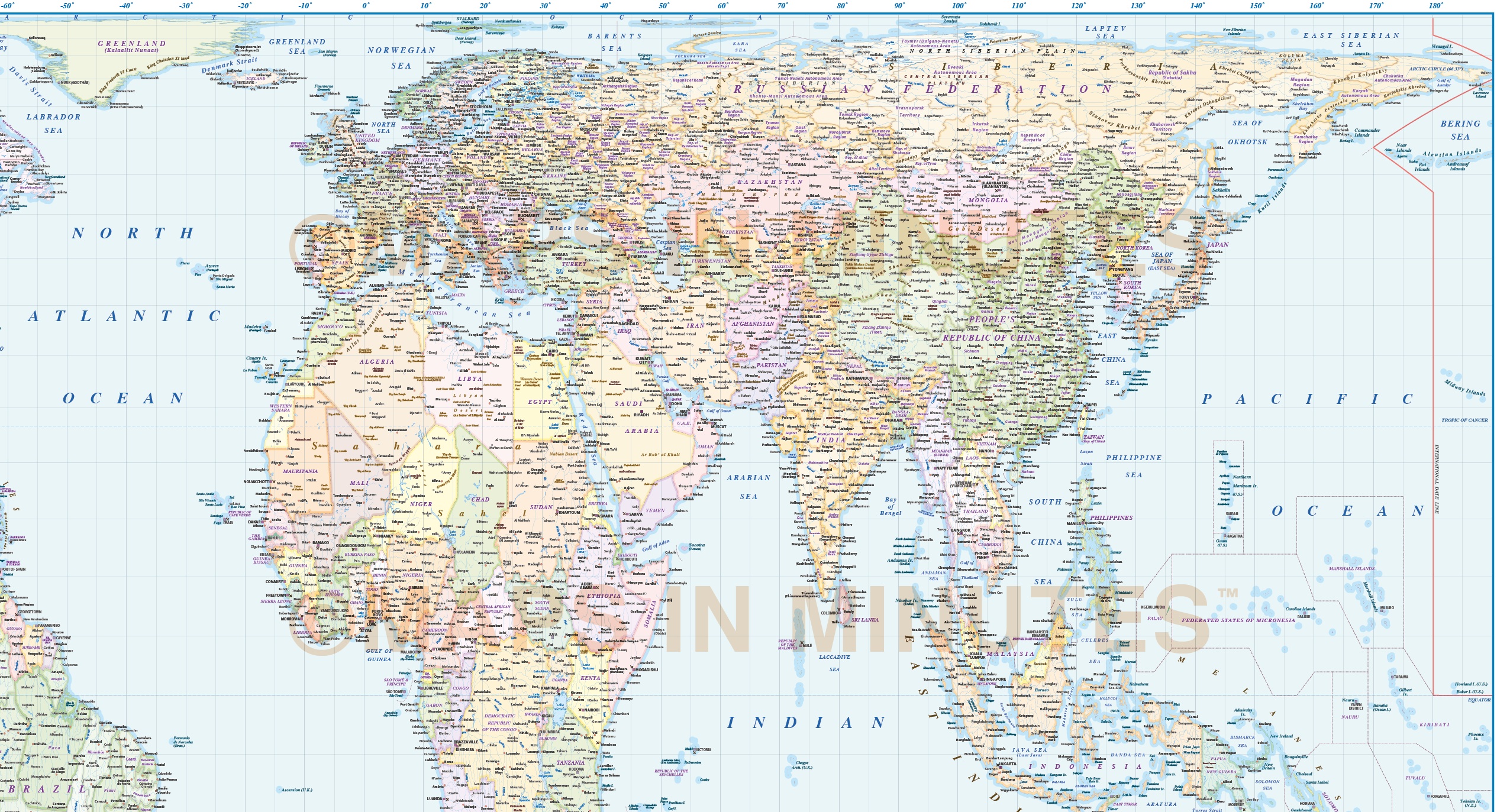 Digital vector World map with country insets, Political Gall Orthographic Projection Poster size ...