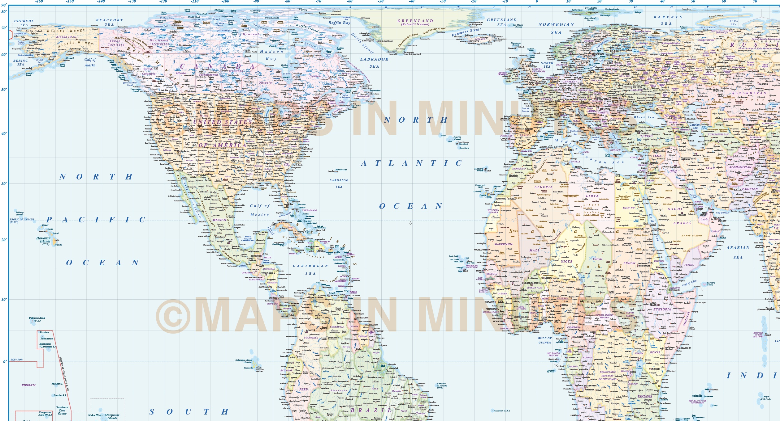 Digital vector World map with country insets, Political Gall Orthographic Projection Poster size ...
