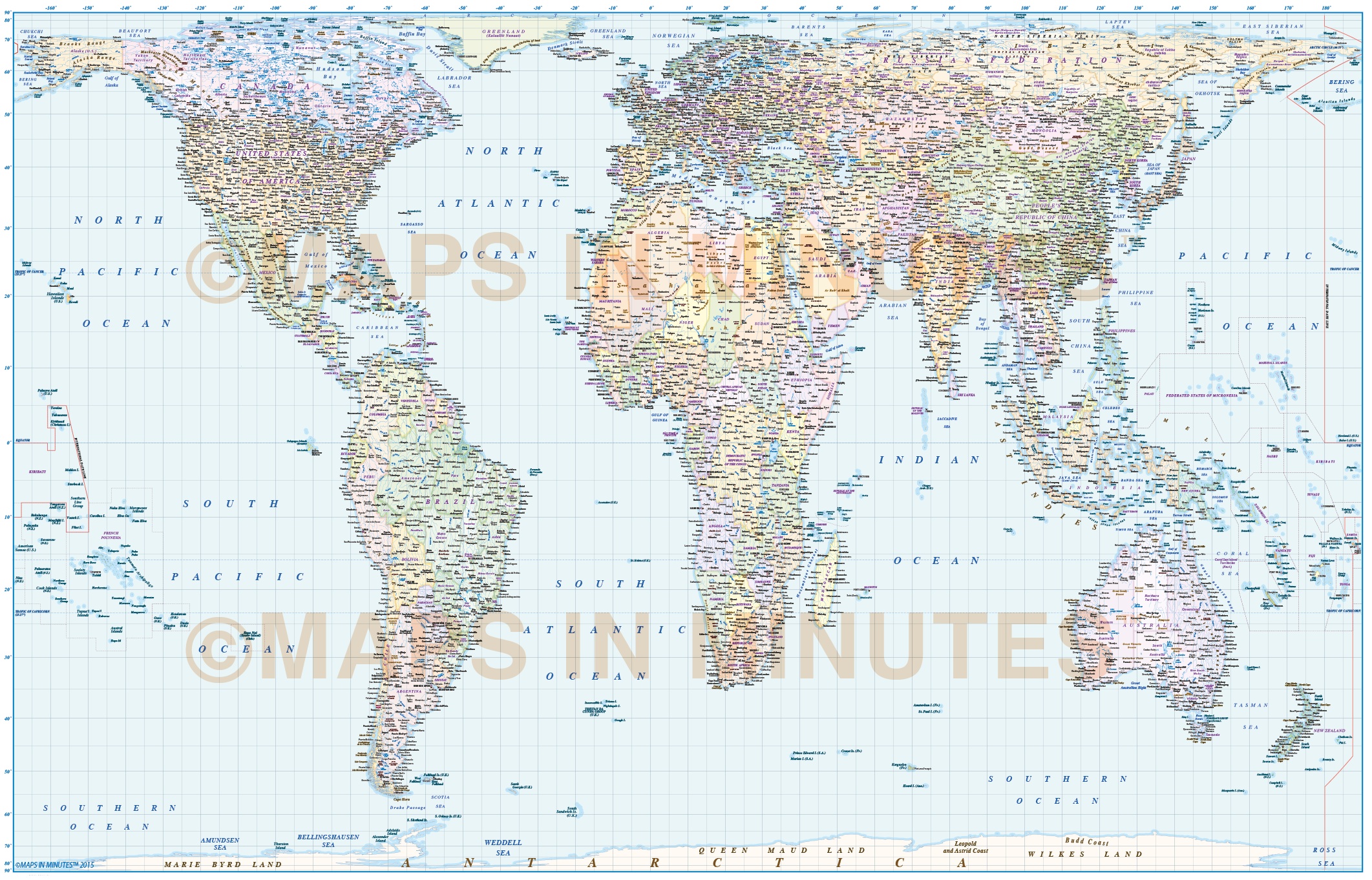 Digital vector World map with country insets, Political Gall Orthographic Projection Poster size ...