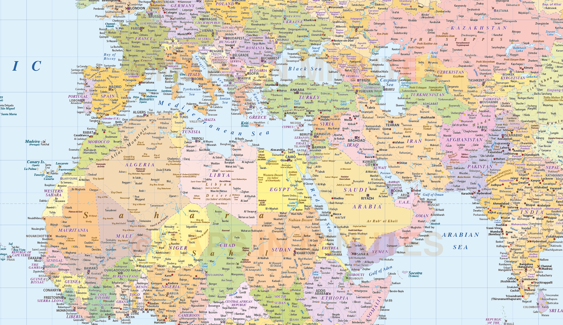 whole world map - gall projection with layered populations (uk centered ...