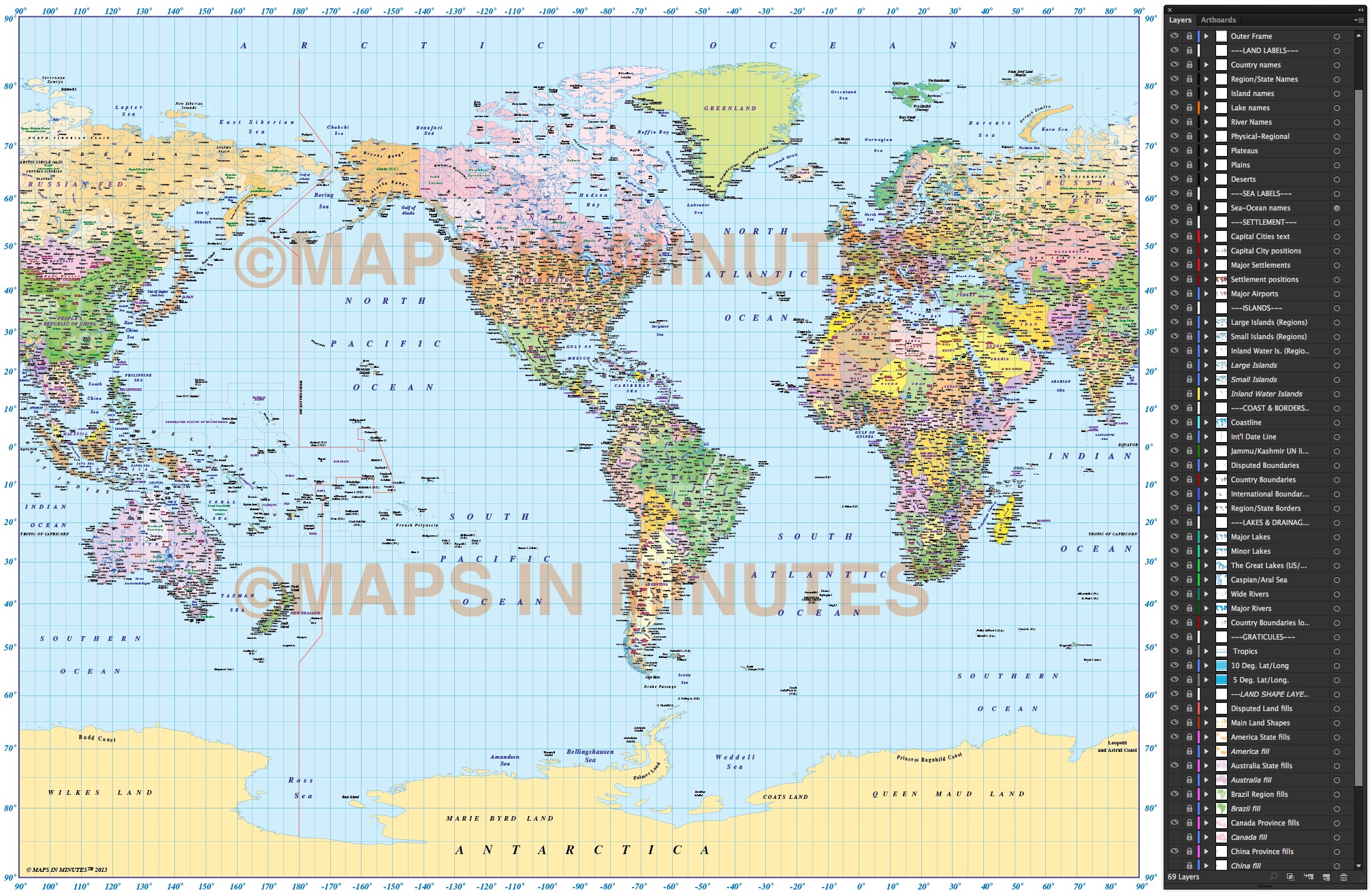 Vector World Map Gall Projection Political Map Us Centric 10m Scale In Illustrator Format