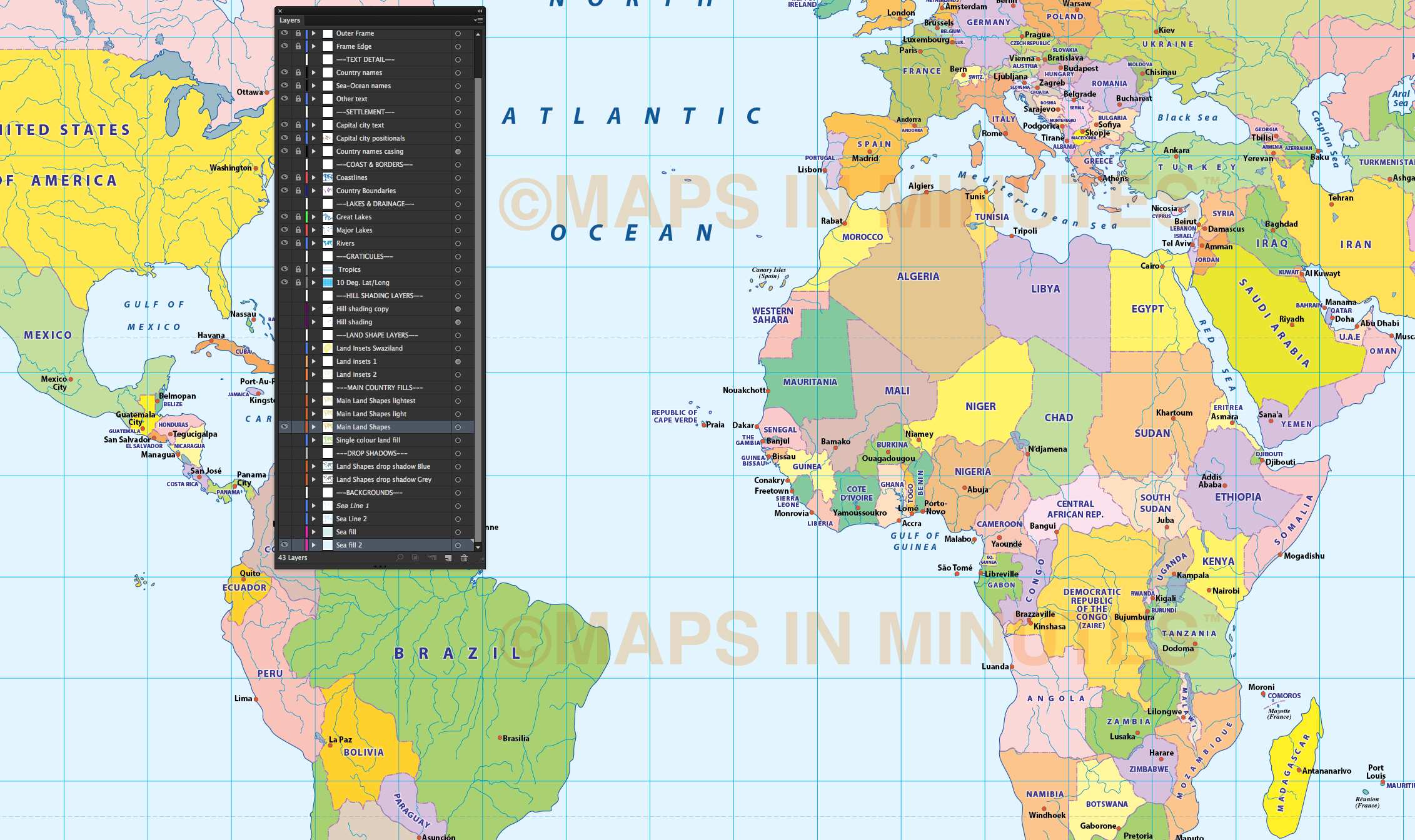Digital vector map, Gall Projection Political World with insets, hill ...