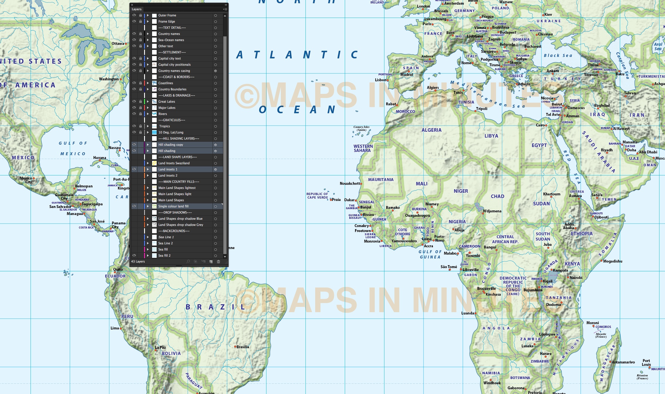 Digital vector map, Gall Projection Political World with insets, hill ...