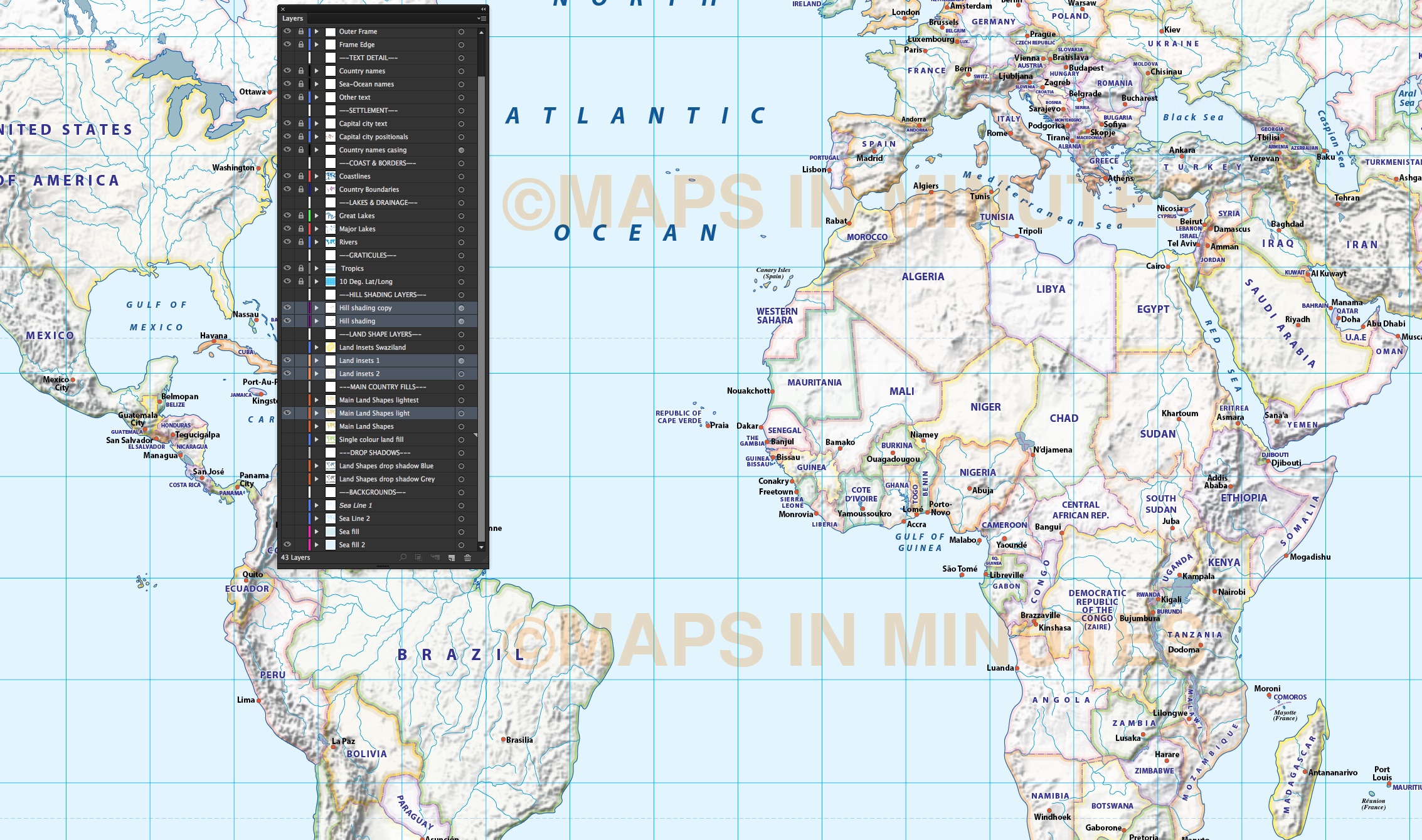 Digital vector map, Gall Projection Political World with insets, hill ...