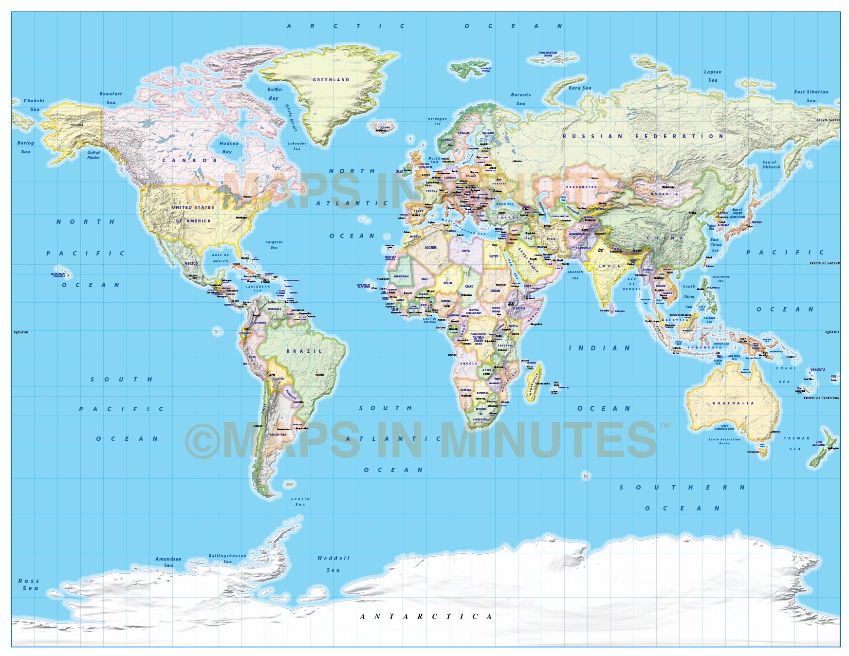 Digital vector map, Gall Projection Political World with insets, hill ...