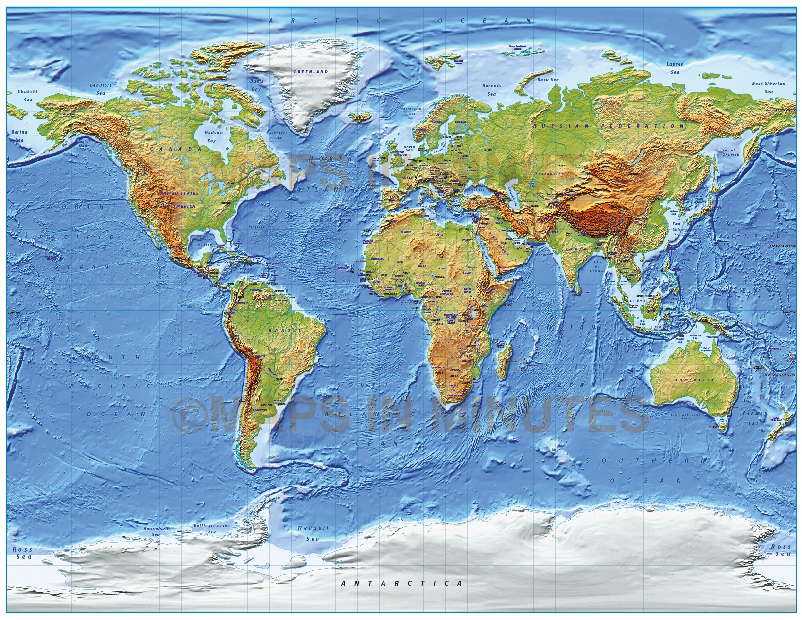 Digital vector, royalty free, World relief map in the Gall projection, medium/strong colours, UK ...