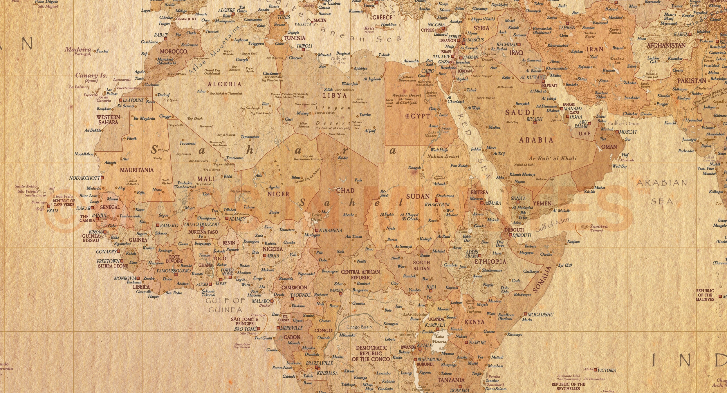 Tan Antique style Political Relief World Wall Map Vinyl 60" x 38"