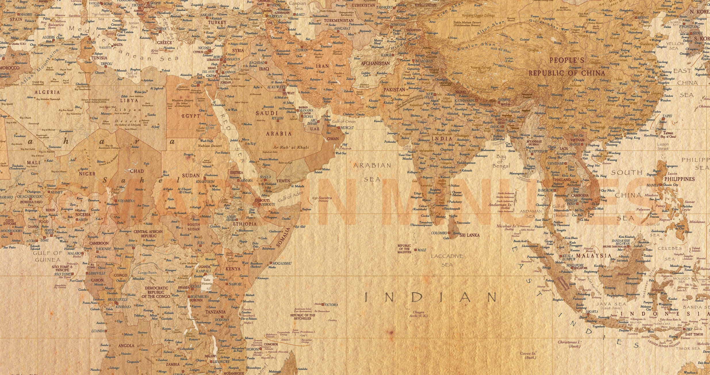 Tan Antique style Political Relief World Wall Map Vinyl 60" x 38"