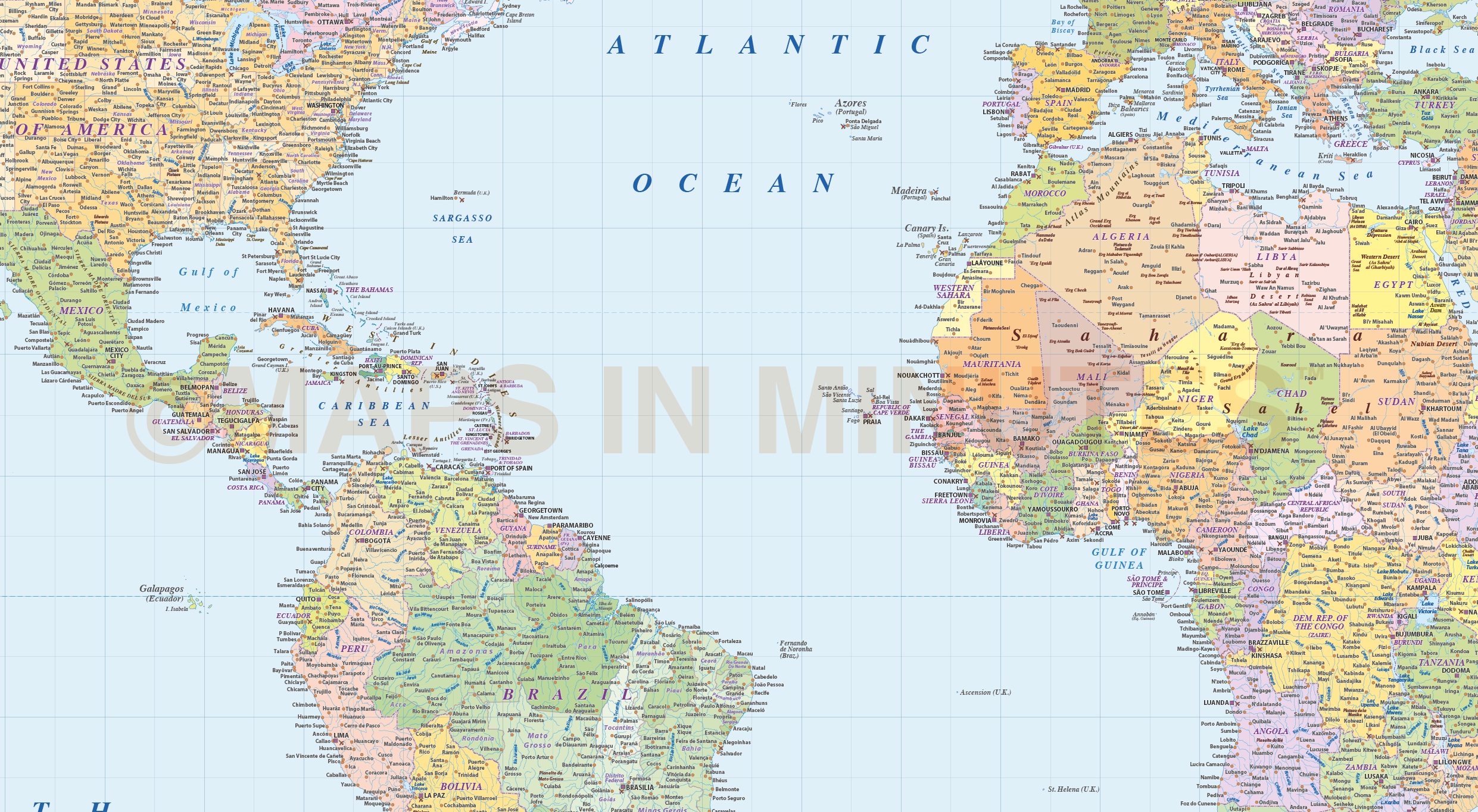 Vector World map, America centric Political Gall Projection with insets ...