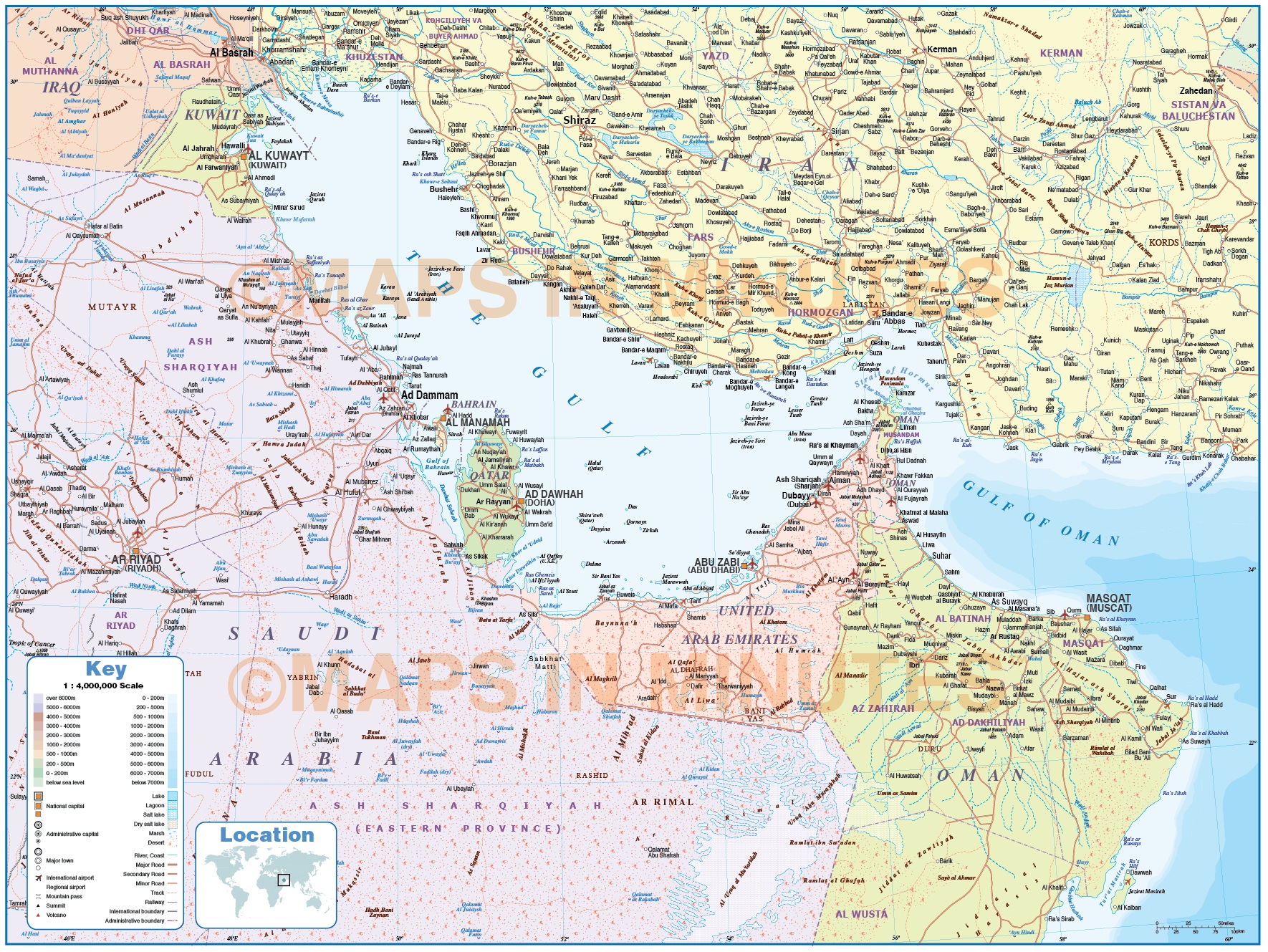 Digital vector Deluxe Gulf region Country Political map including Roads ...