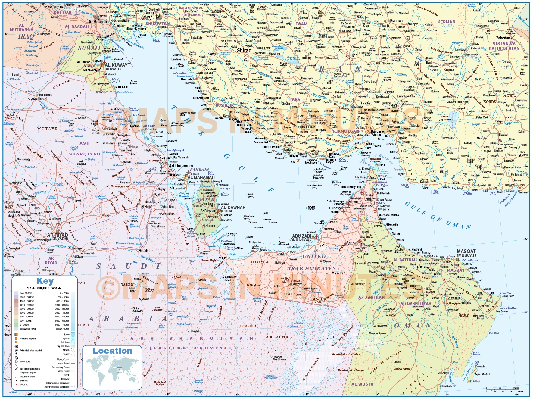 Digital vector Deluxe Gulf region Country Political map including Roads ...