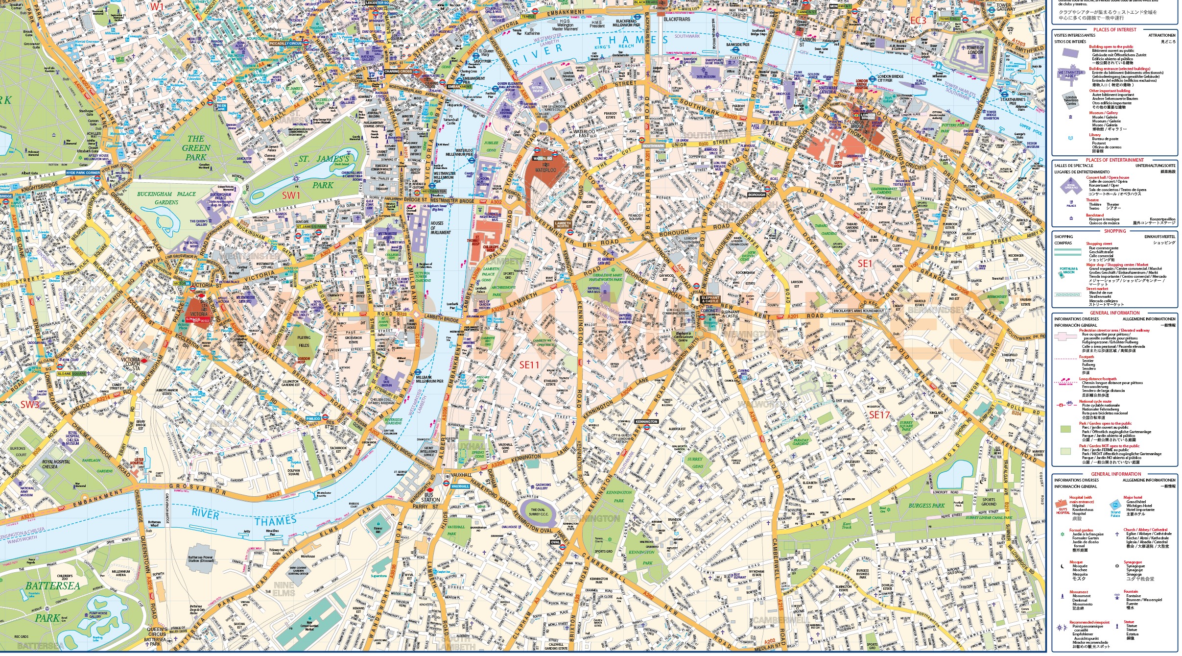 VINYL Central London Street Map - Large size 1.2m d x 1.67m w