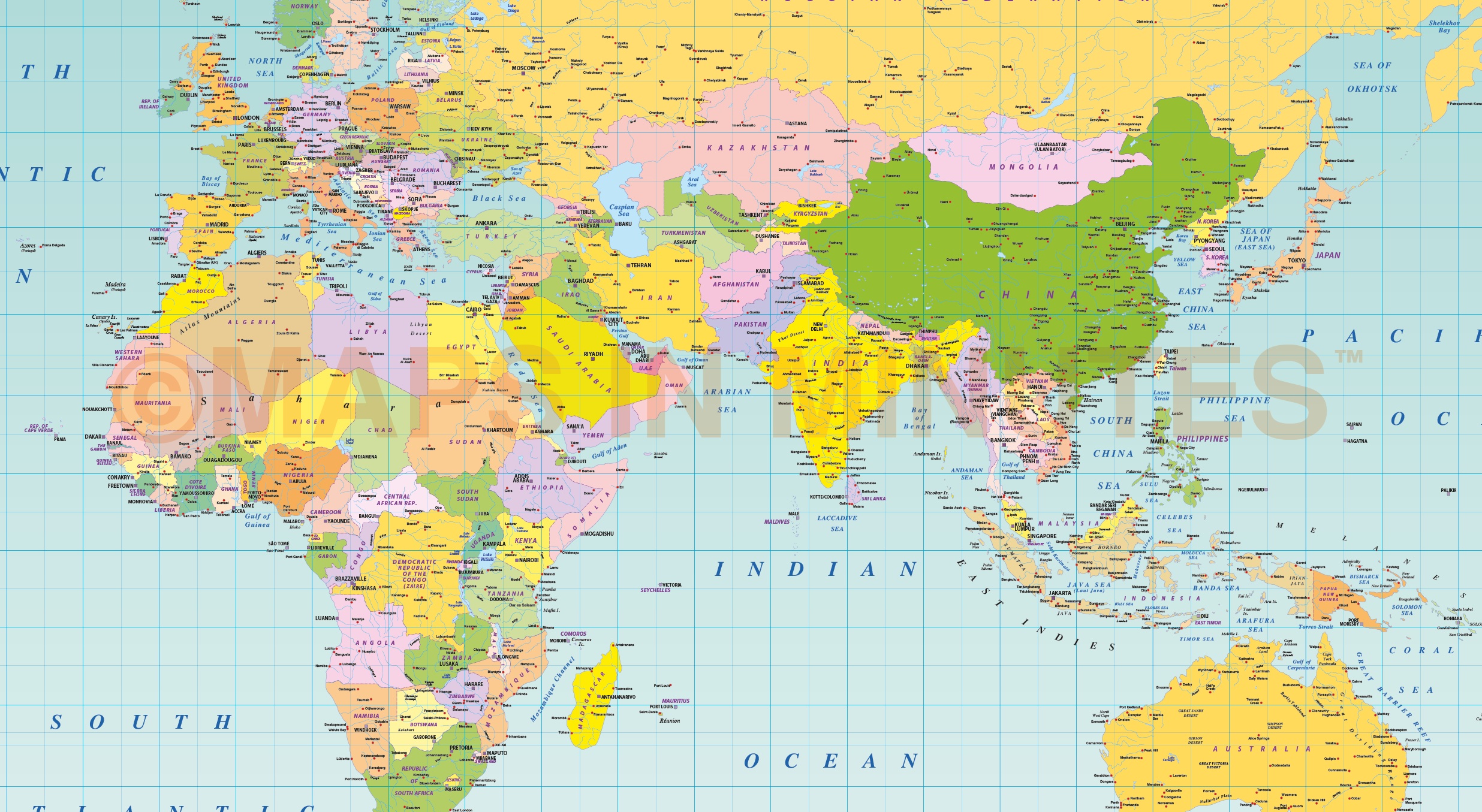 medium scale digital vector Miller Stereographic world map in ...