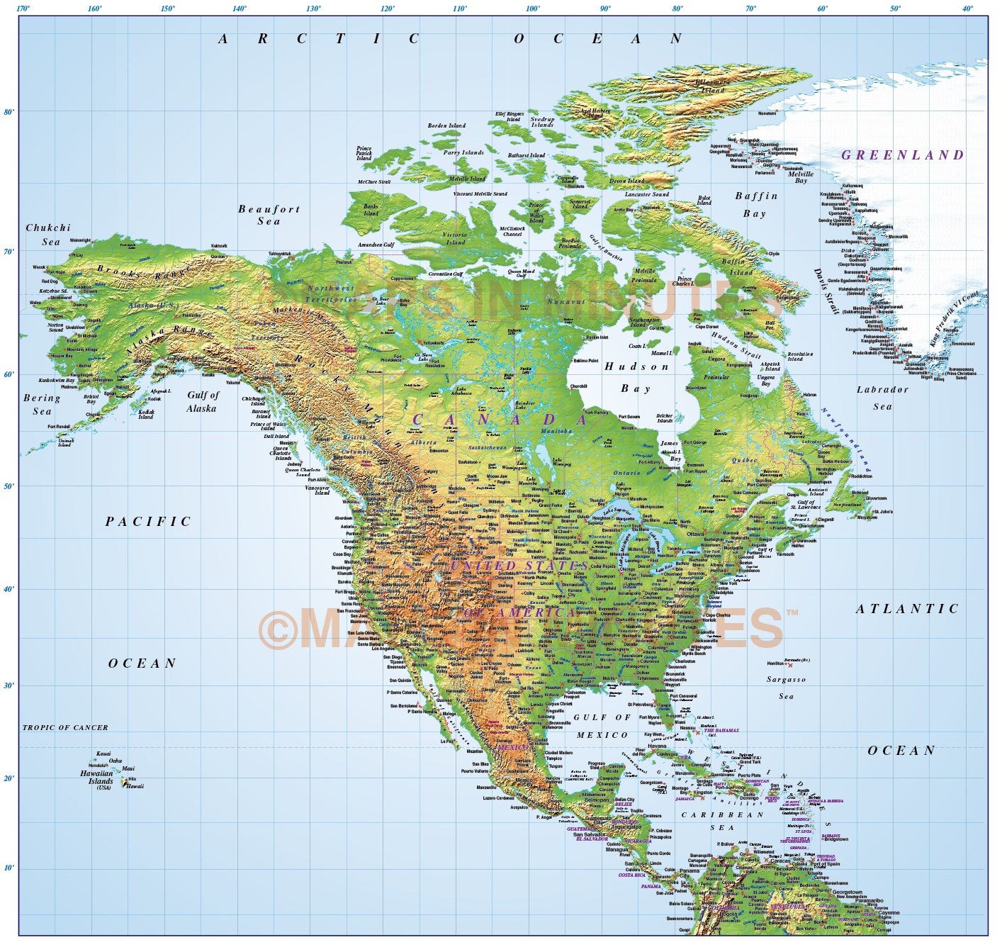 Digital vector North America Medium Relief map in Illustrator CS format
