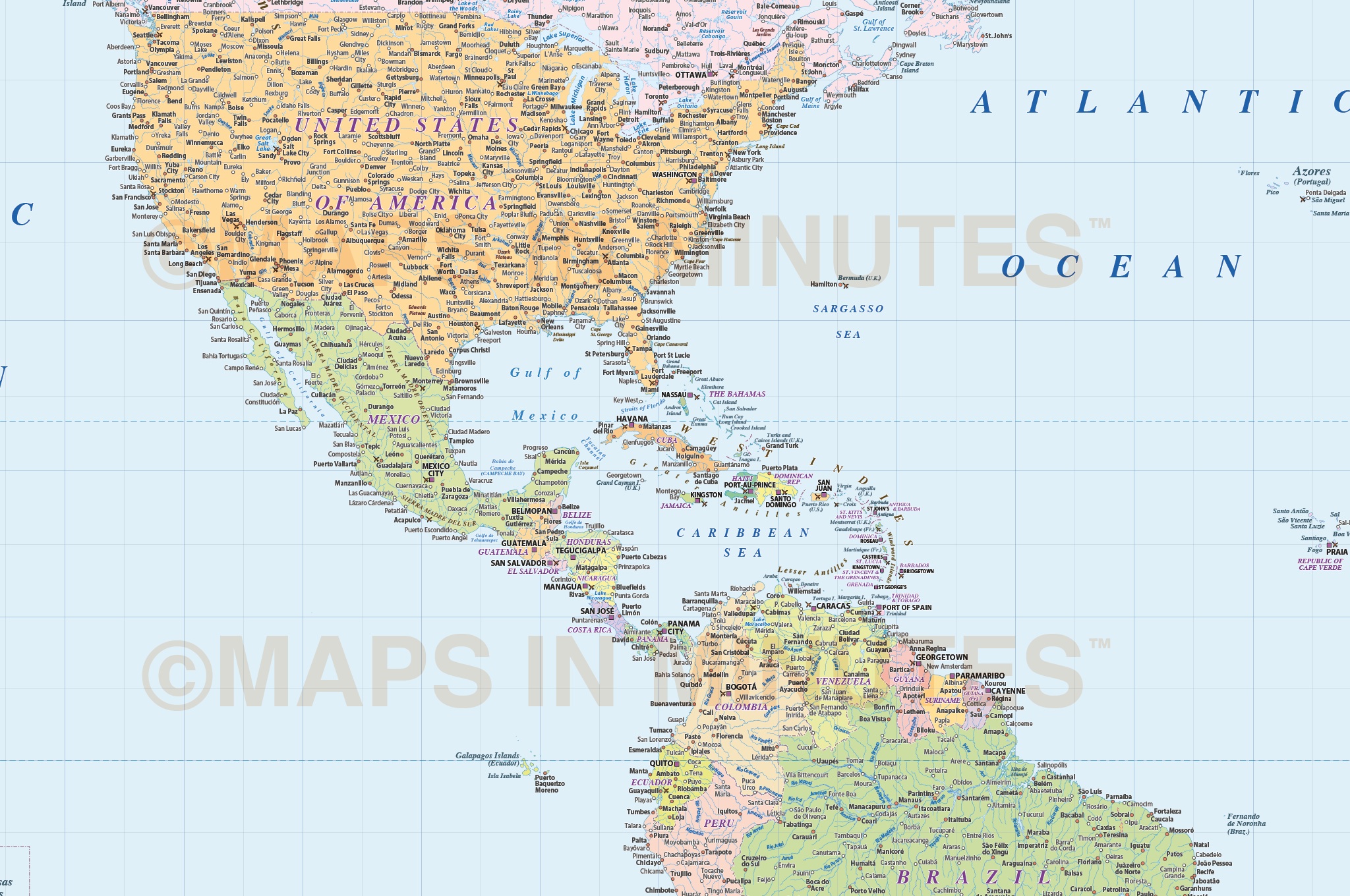 North America Countries map with ocean floor contours @10 scale
