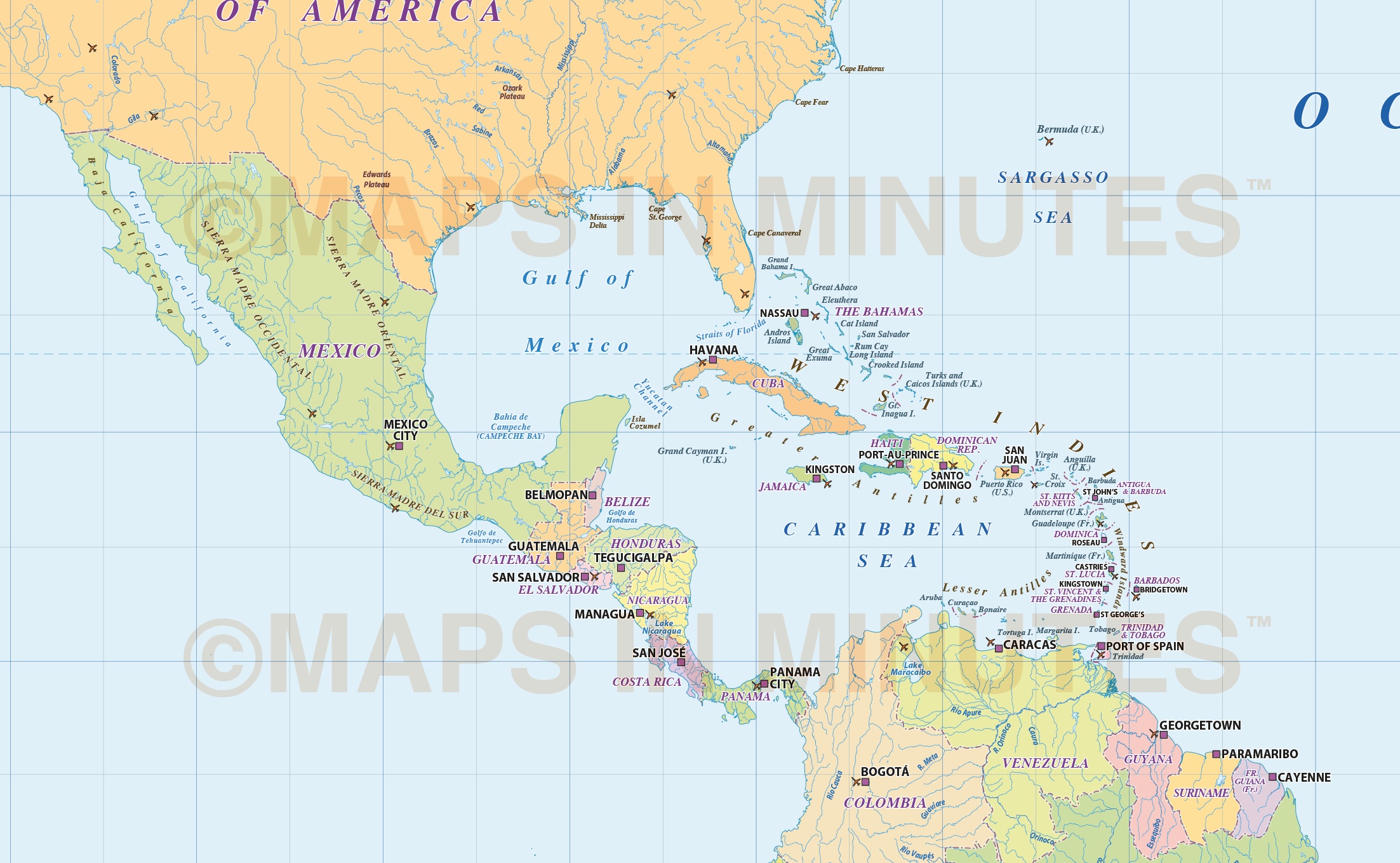 North America Countries map with ocean floor contours @10 scale