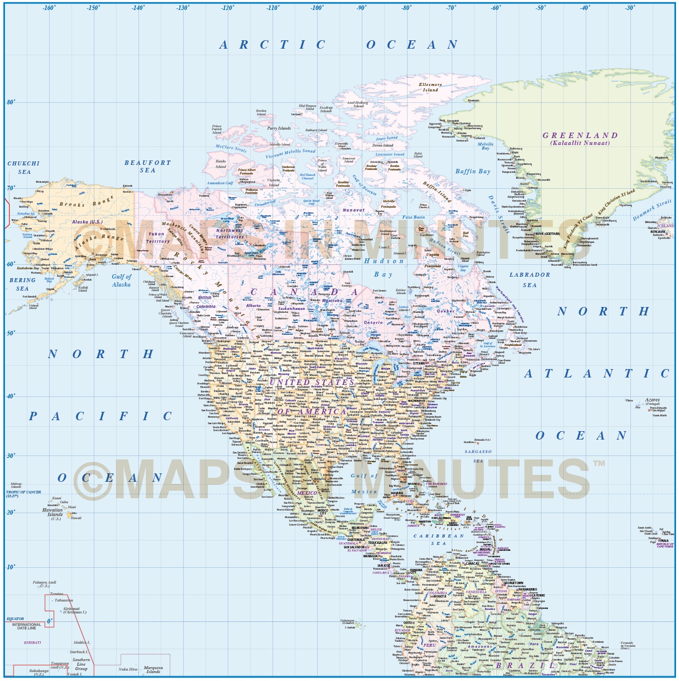 North America Country map with ocean floor contours @10,000,000 scale