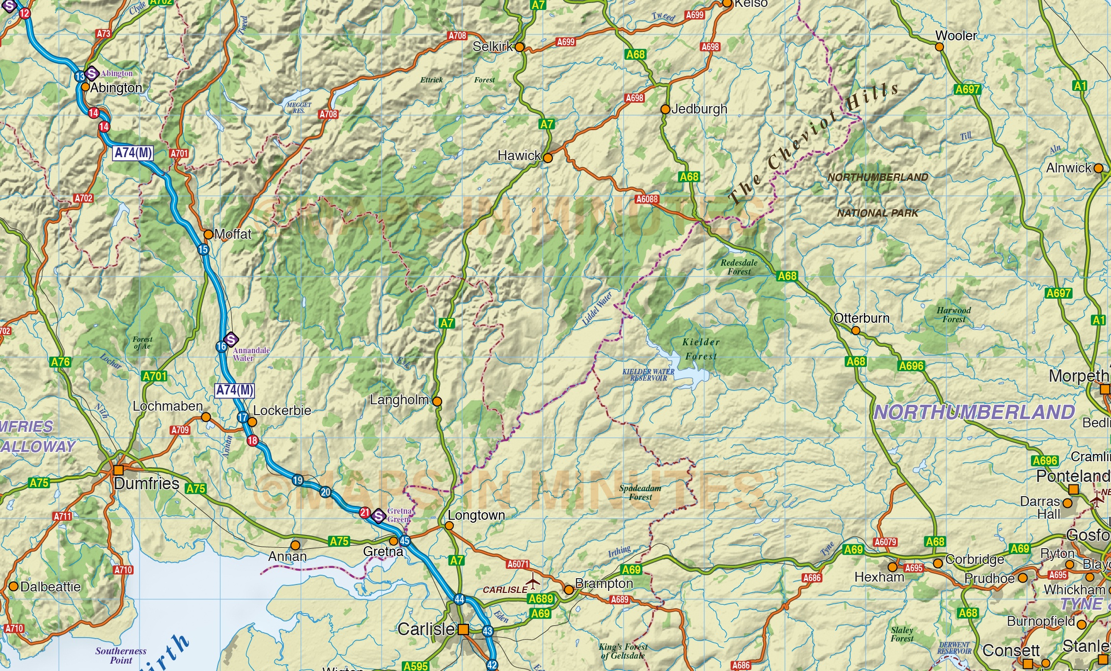Digital vector North England County Road and Rail Map @1m scale with ...