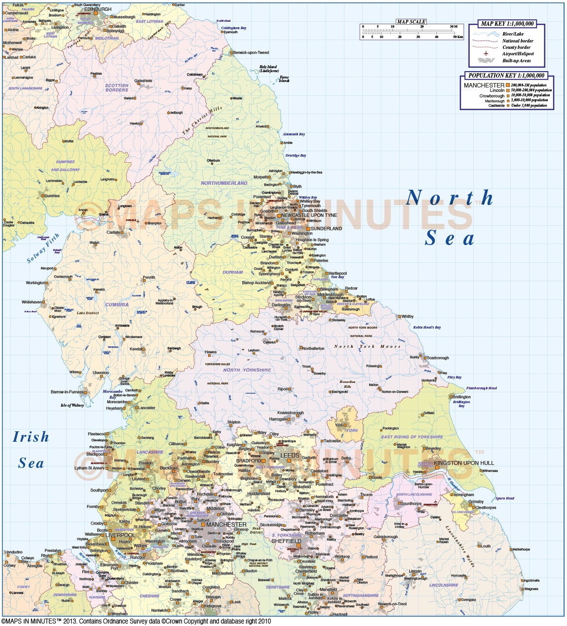 Digital vector North England County Map @1m scale with shaded relief in ...