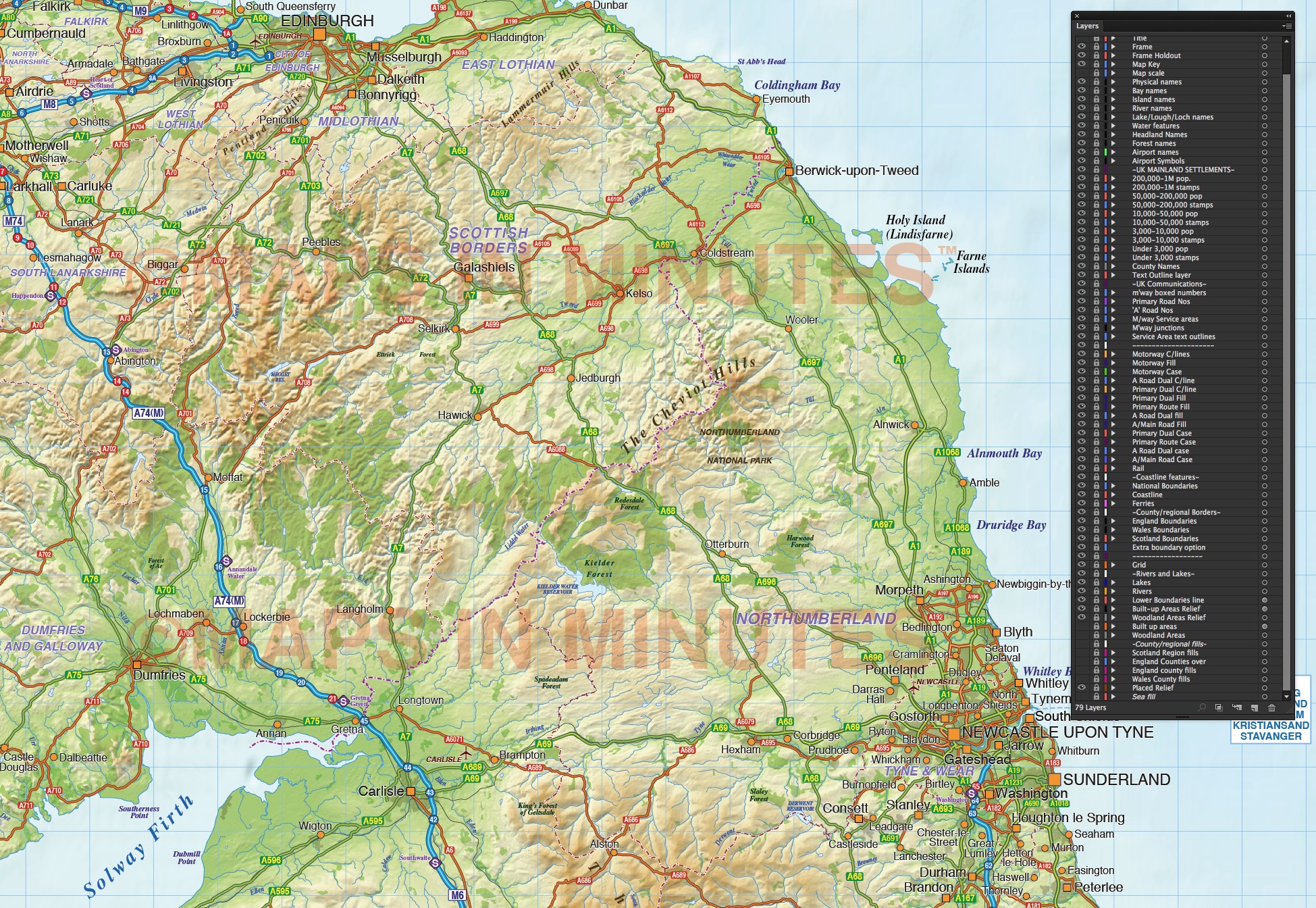 North England County Road & Rail map with Regular colour relief @1m ...