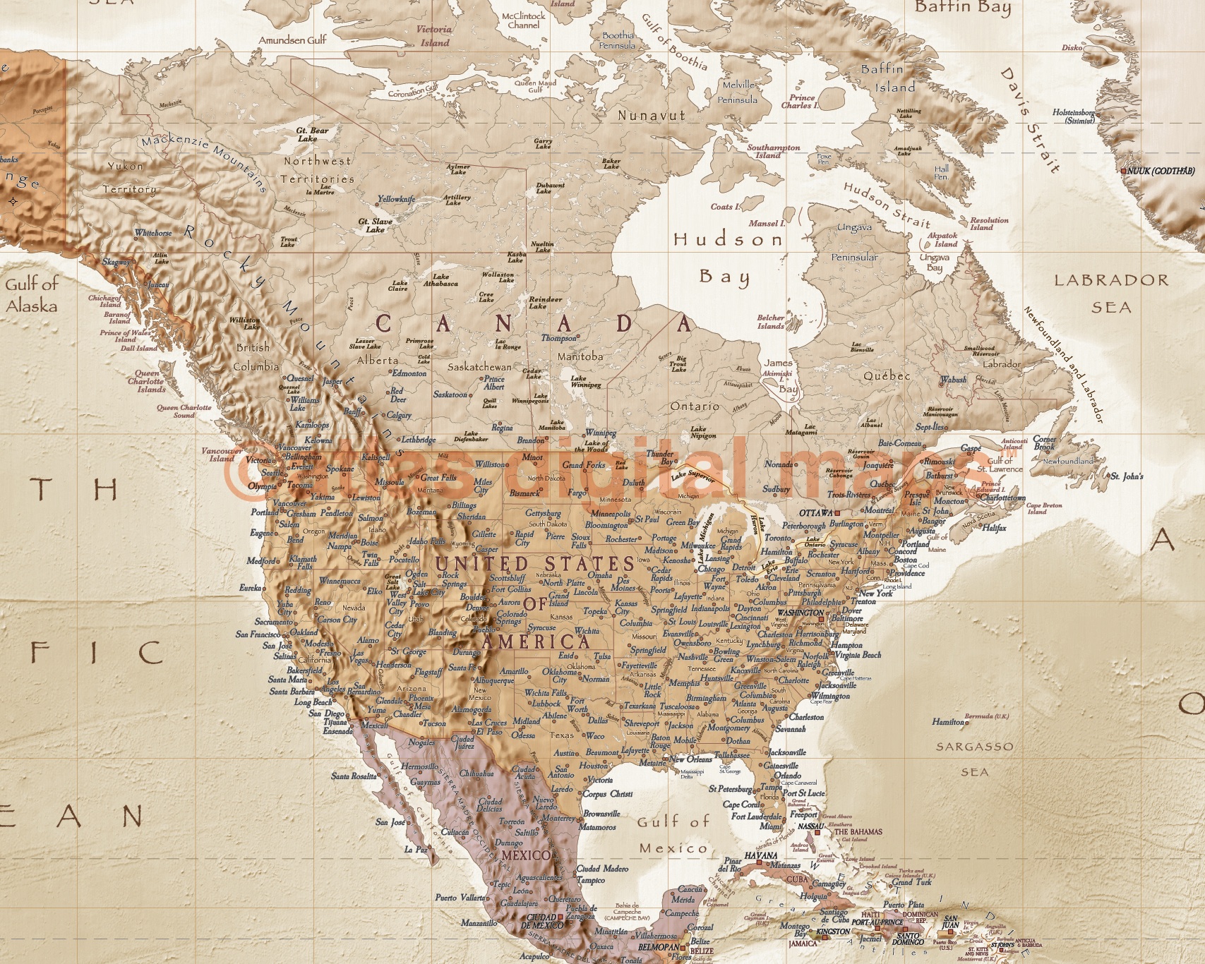 Framed CANVAS World Map Antique-style Sand - Physical & Political Size ...