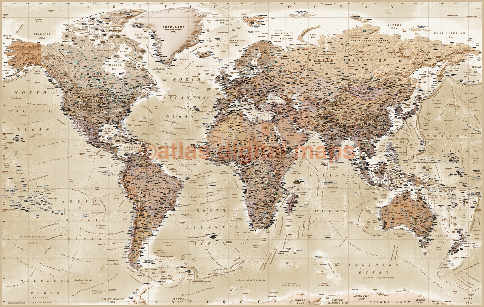 Rolled Canvas World Wall Map Tan and Sand with Bold text Large 60" x 38"